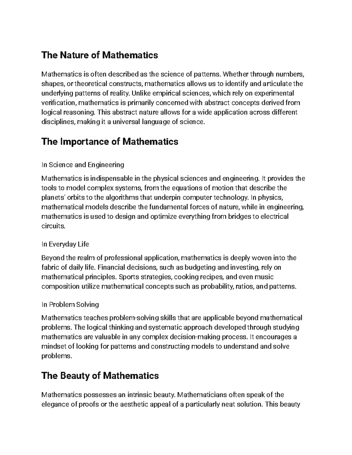 Math essay 1 - The Nature of Mathematics Mathematics is often described as the science of ...