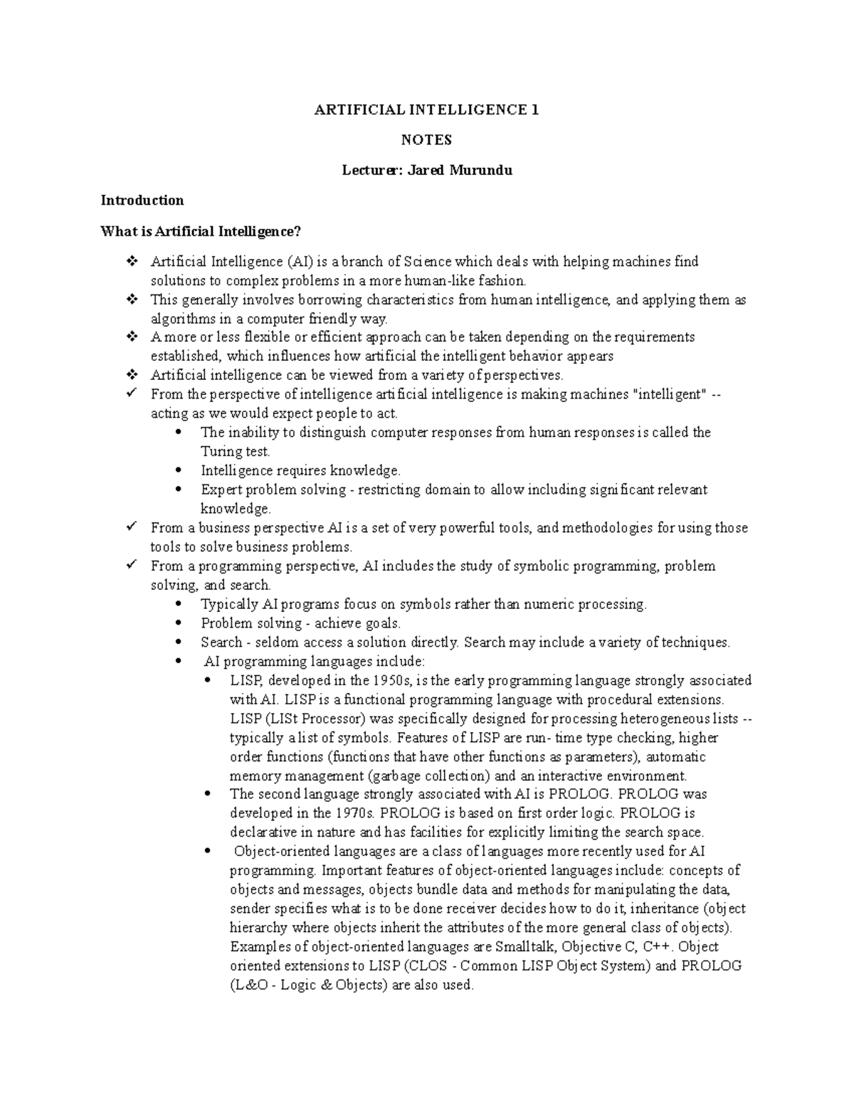 Artificial Intelligence 1 Notes - ARTIFICIAL INTELLIGENCE 1 NOTES ...