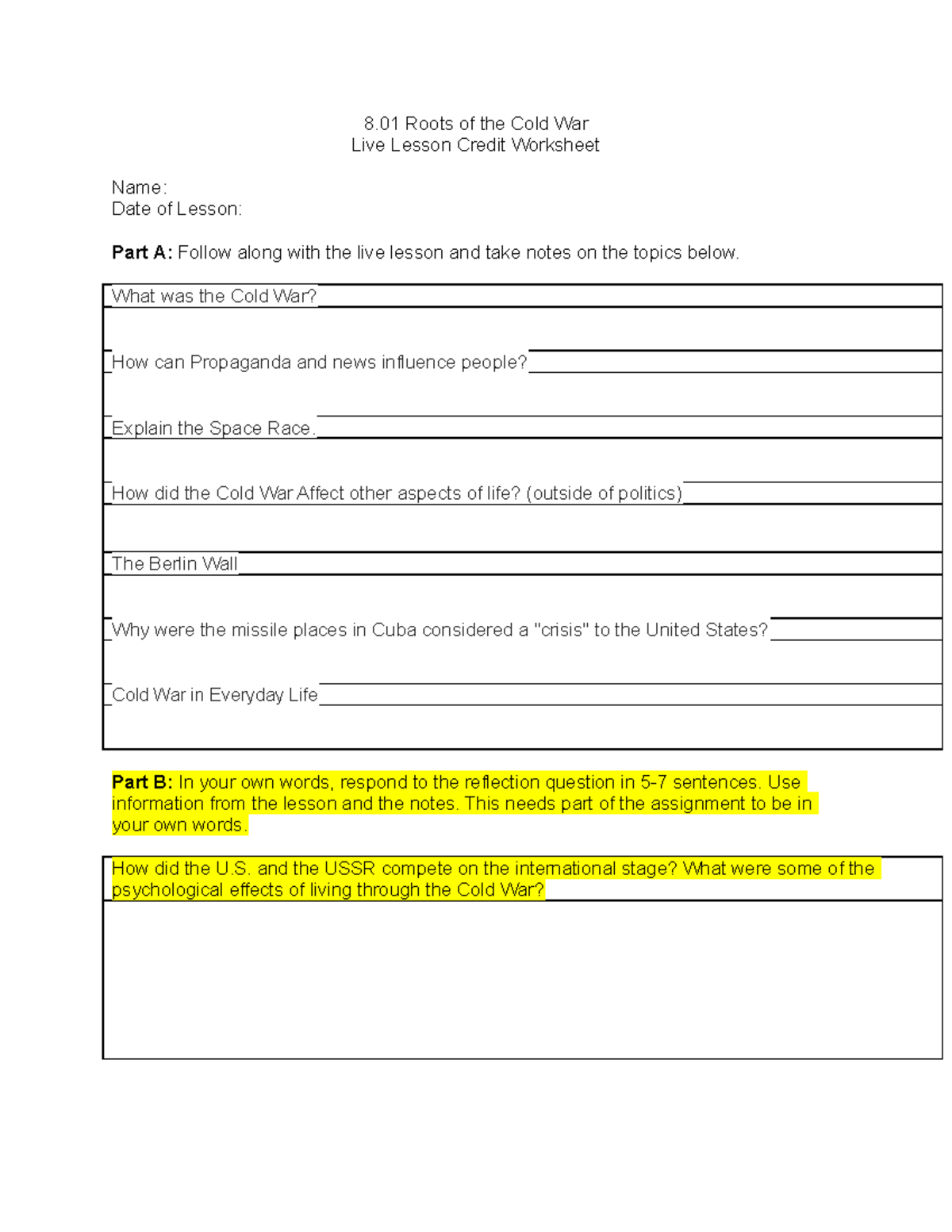801 Lesson Credit - 8 Roots of the Cold War Live Lesson Credit ...