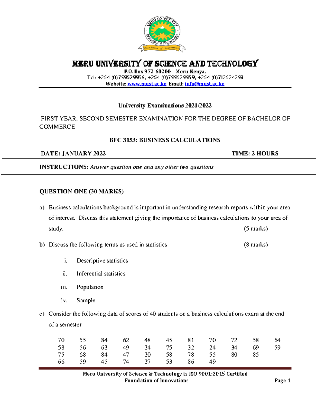 BFC 3153 Business Calculations - MERU UNIVERSITY OF SCIENCE AND TECHNOLOGYMERU UNIVERSITY OF ...