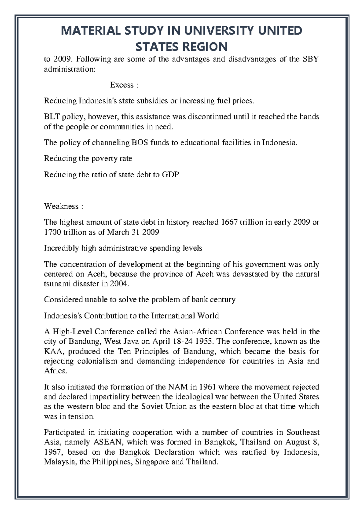 Material Study IN University - STATES REGION to 2009. Following are ...