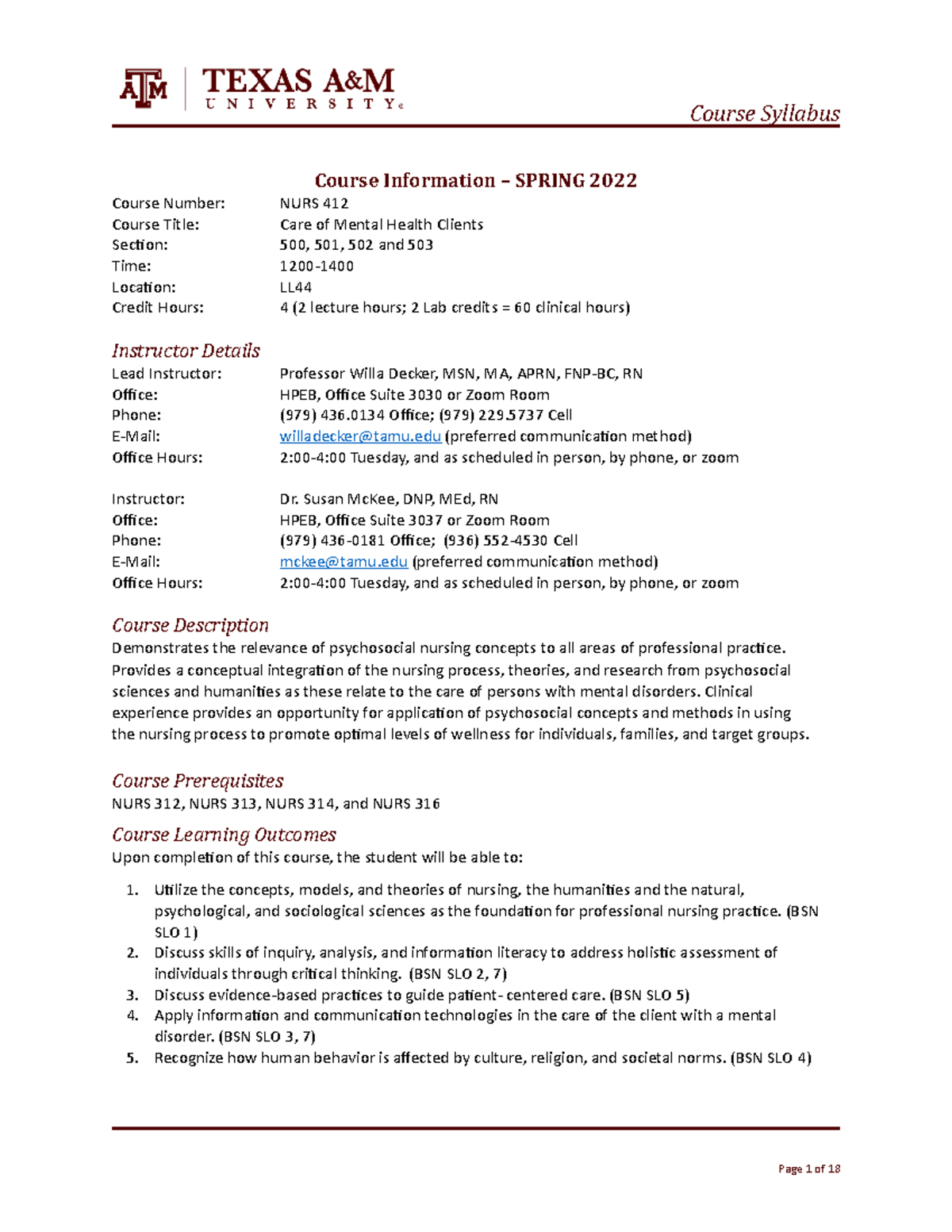 Spring 2022 Syllabus with Appendix - NURS 412 - TAMU - Studocu