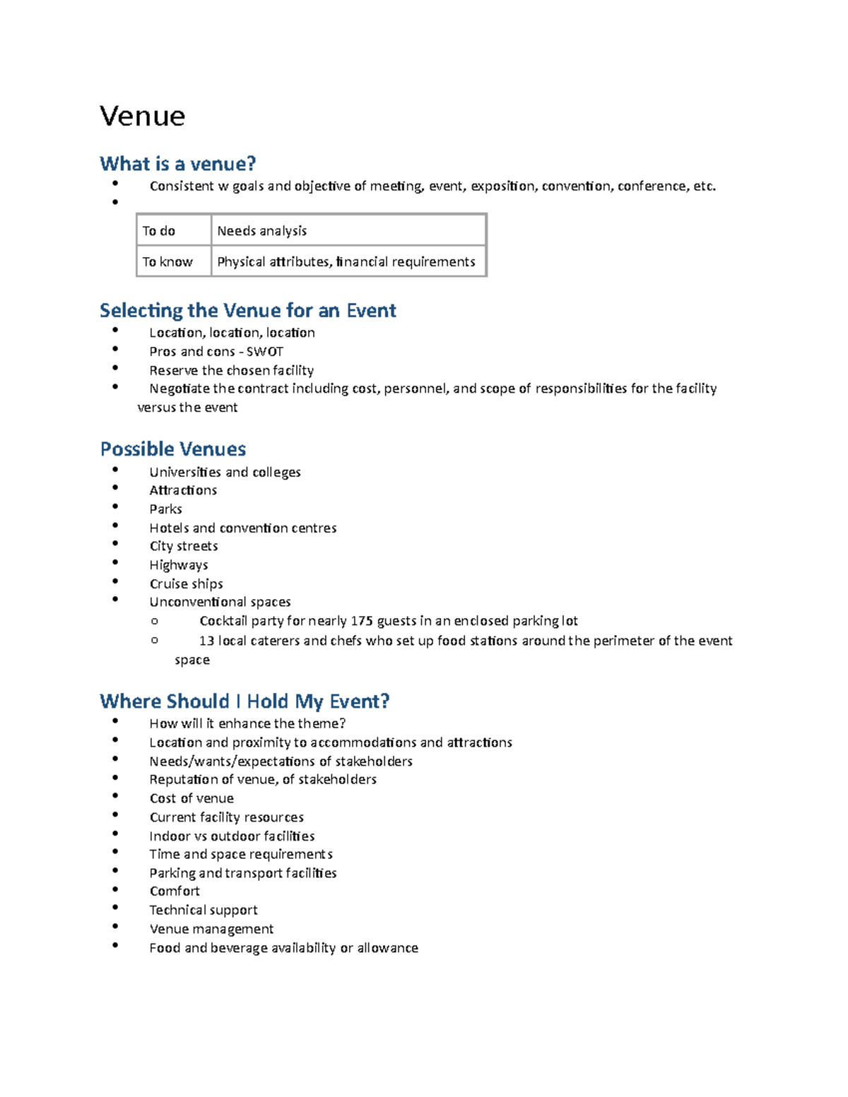 Venue - Lecture notes 5 - Venue What is a venue? Consistent w goals and ...