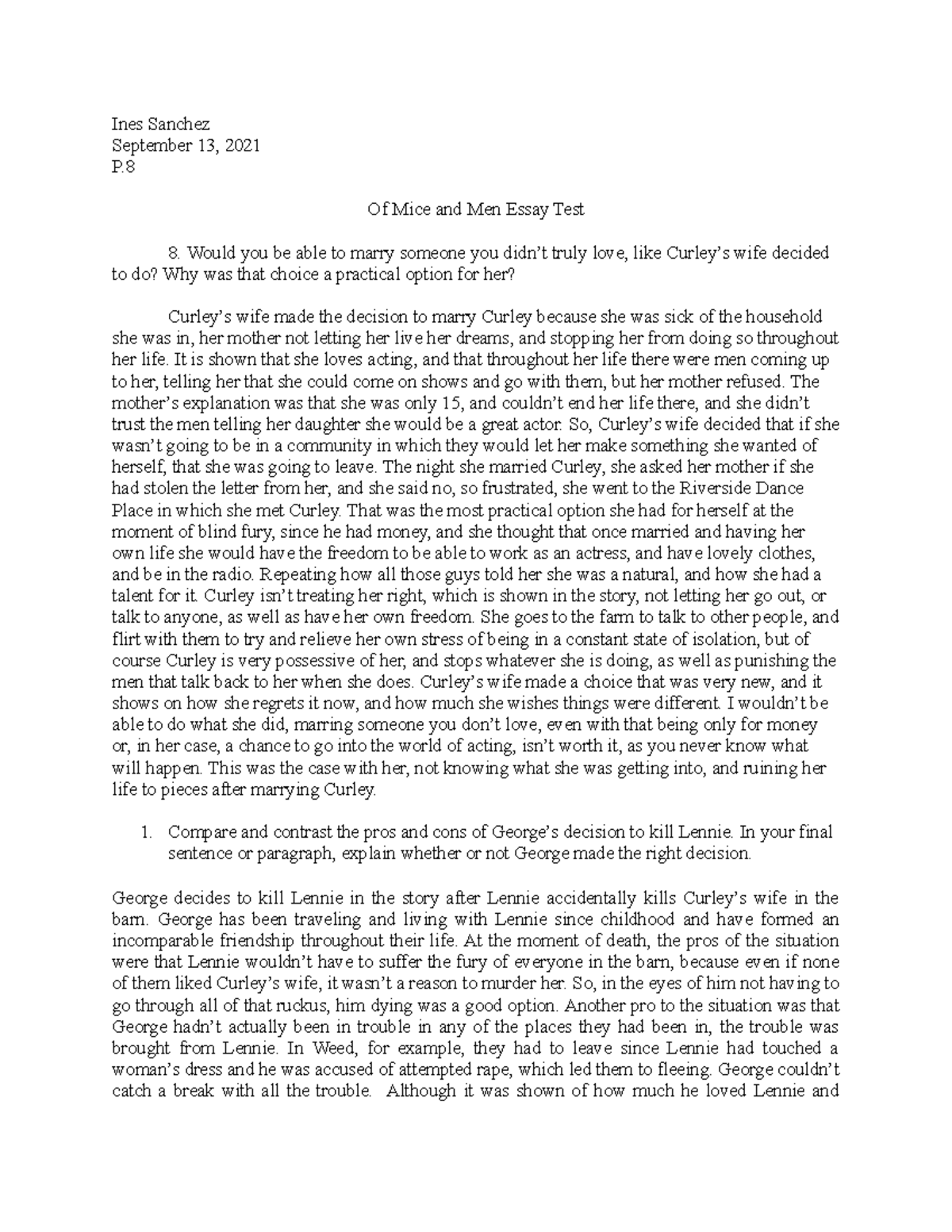 Of Mice and Men Essay Test - Ines Sanchez September 13, 2021 P. Of Mice ...