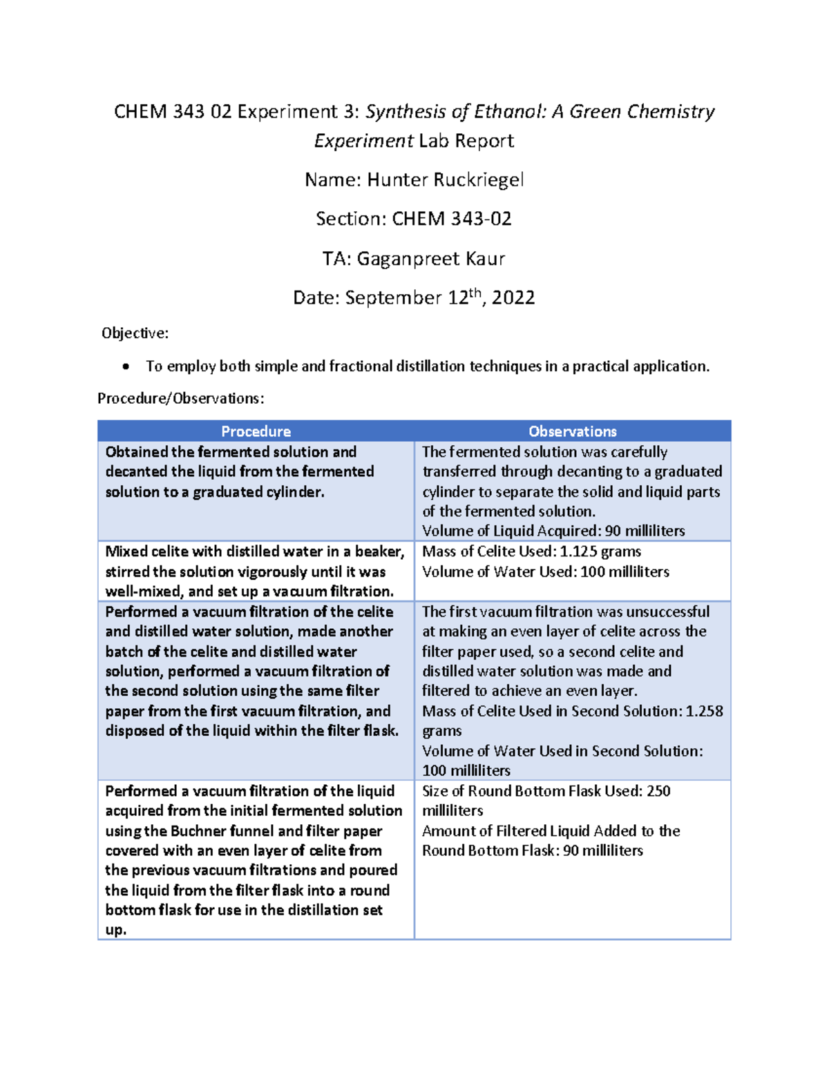 CHEM 343 02 Experiment 3 Lab Report - CHEM 343 02 Experiment 3 ...