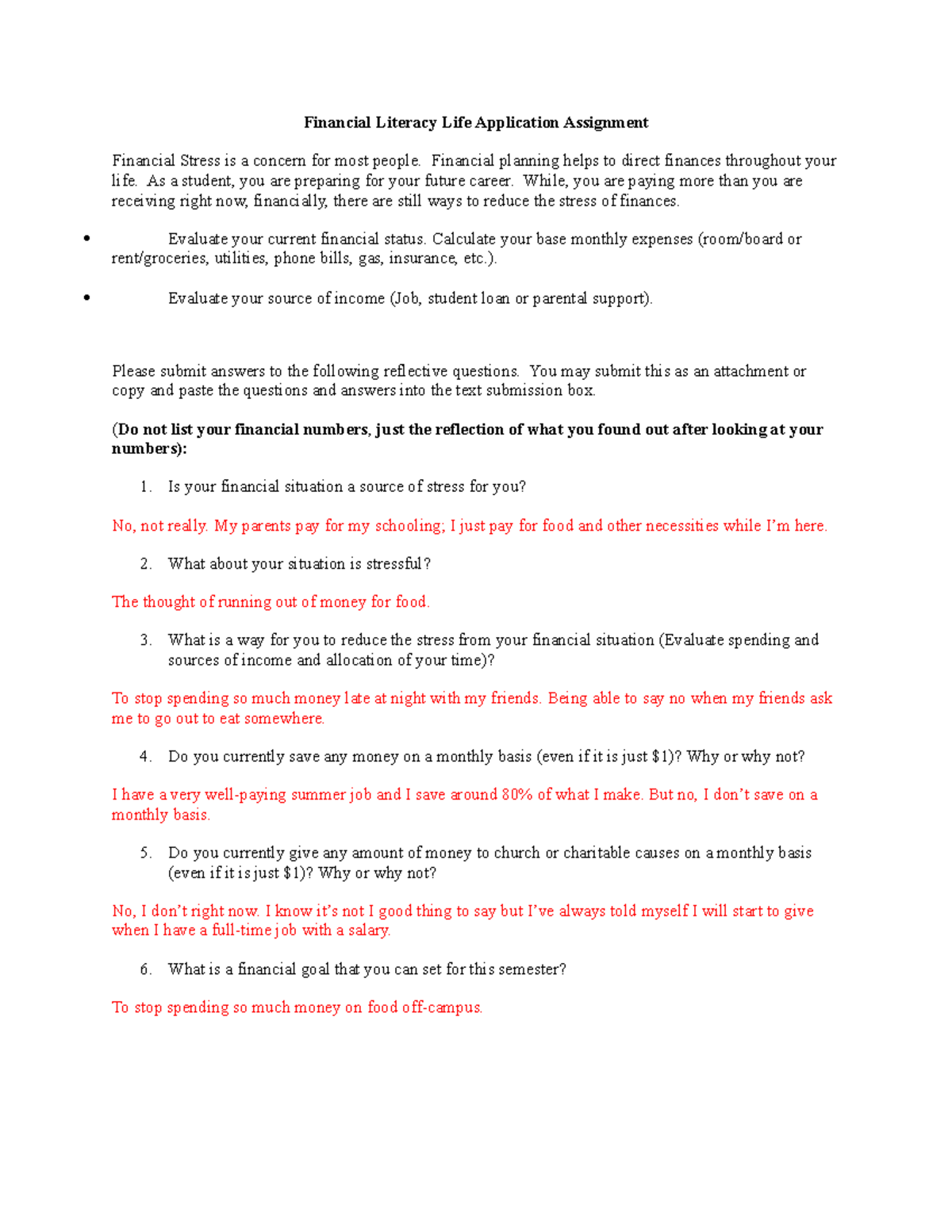 Financial Literacy Assignment - Financial Literacy Life Application ...