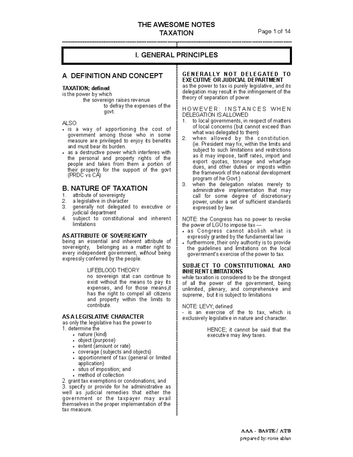 Taxation - THE AWESOME NOTES TAXATION Page 1 of 14 I. GENERAL ...