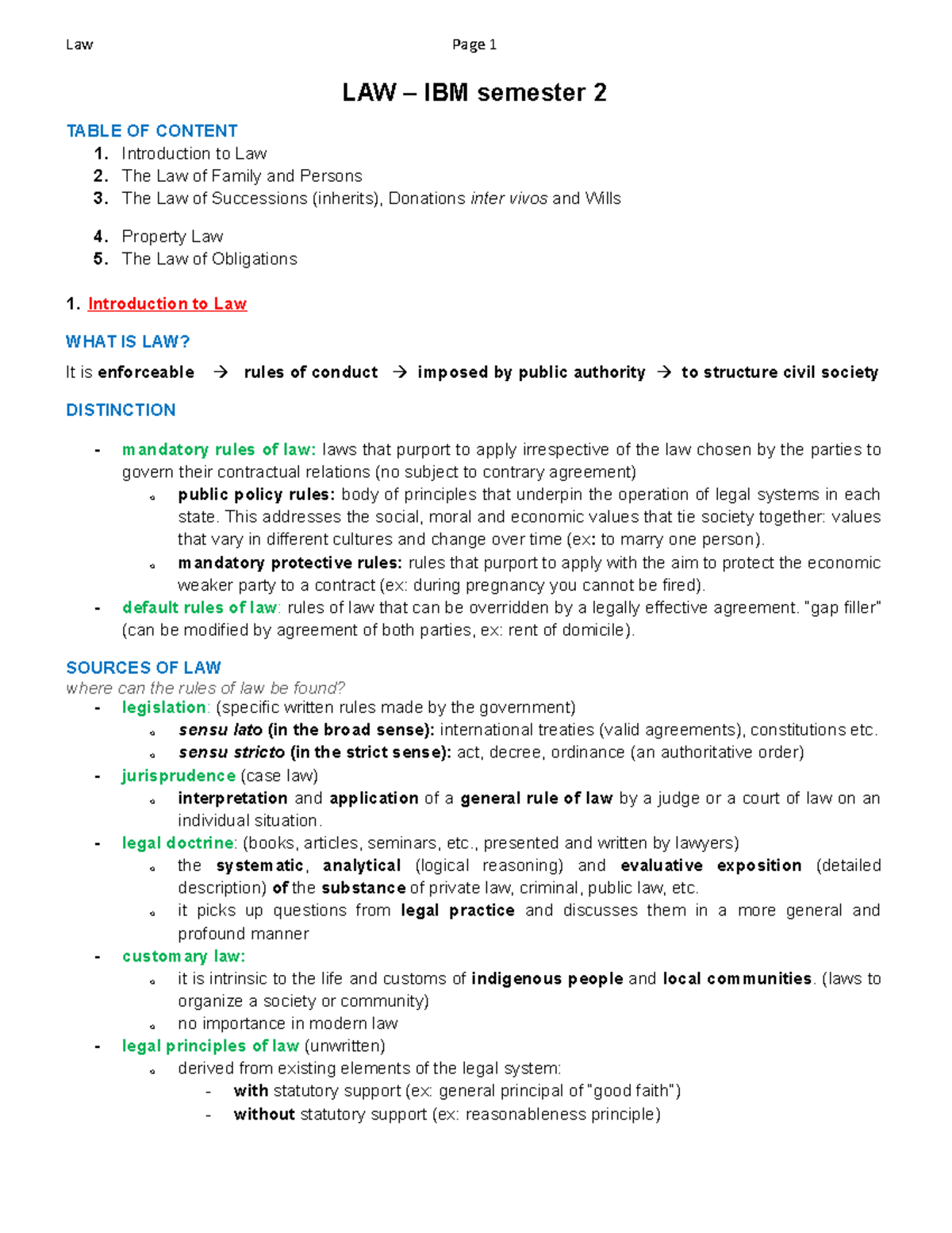Summary of Law 2020 - LAW – IBM semester 2 TABLE OF CONTENT ...