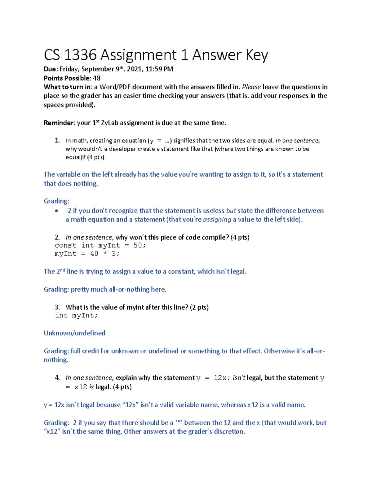 22F CS 1336 Assignment 1 Answer Key - CS 1336 Assignment 1 Answer Key ...
