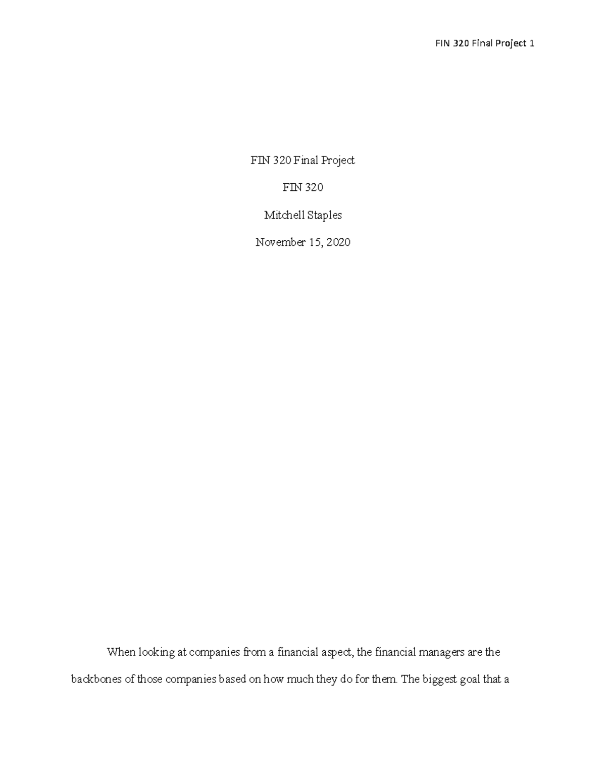 FIN 320 Final Project Part 1 - FIN 320 Final Project FIN 320 Mitchell ...