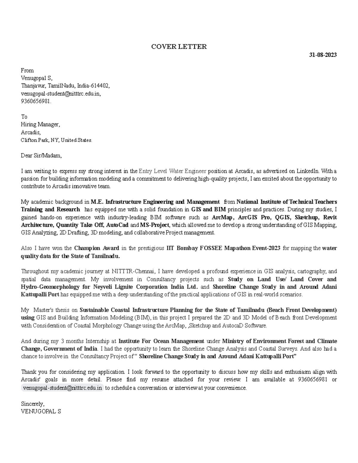 Water Engineer Cover Letter - COVER LETTER 31-08- From Venugopal S ...