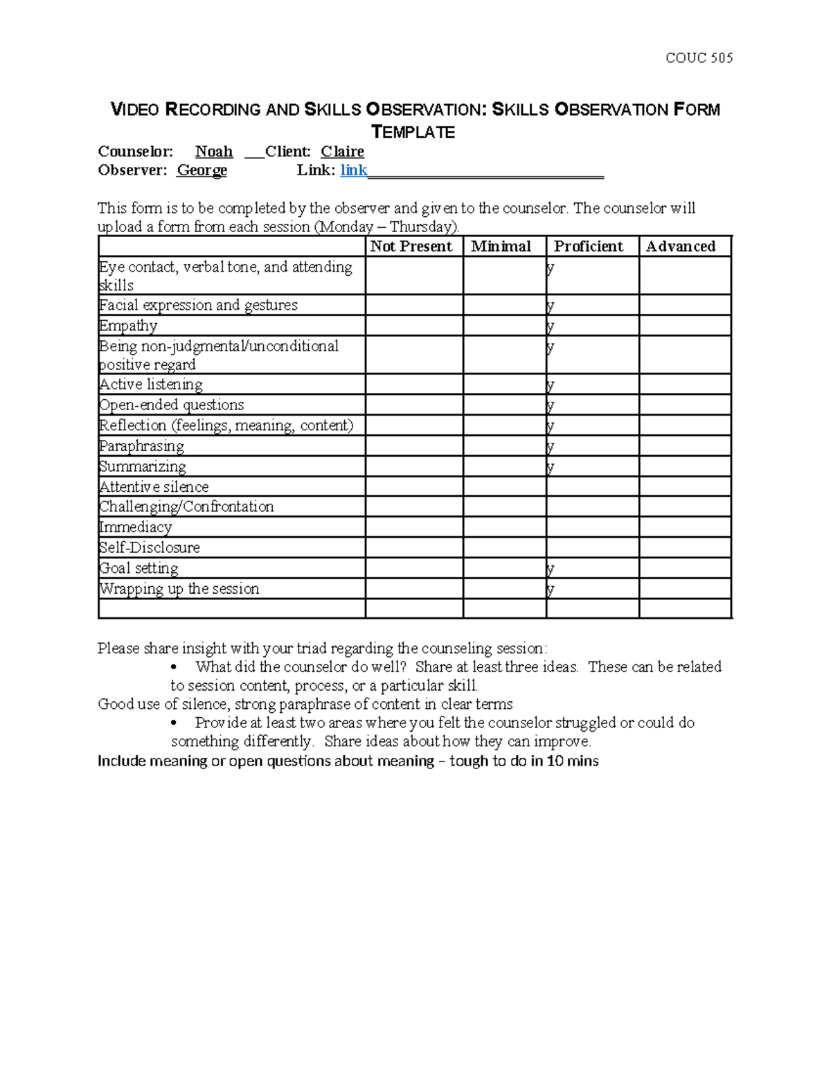 6.21.24 SOF Noah - Skills observation form CACREP - COUC 505 VIDEO ...