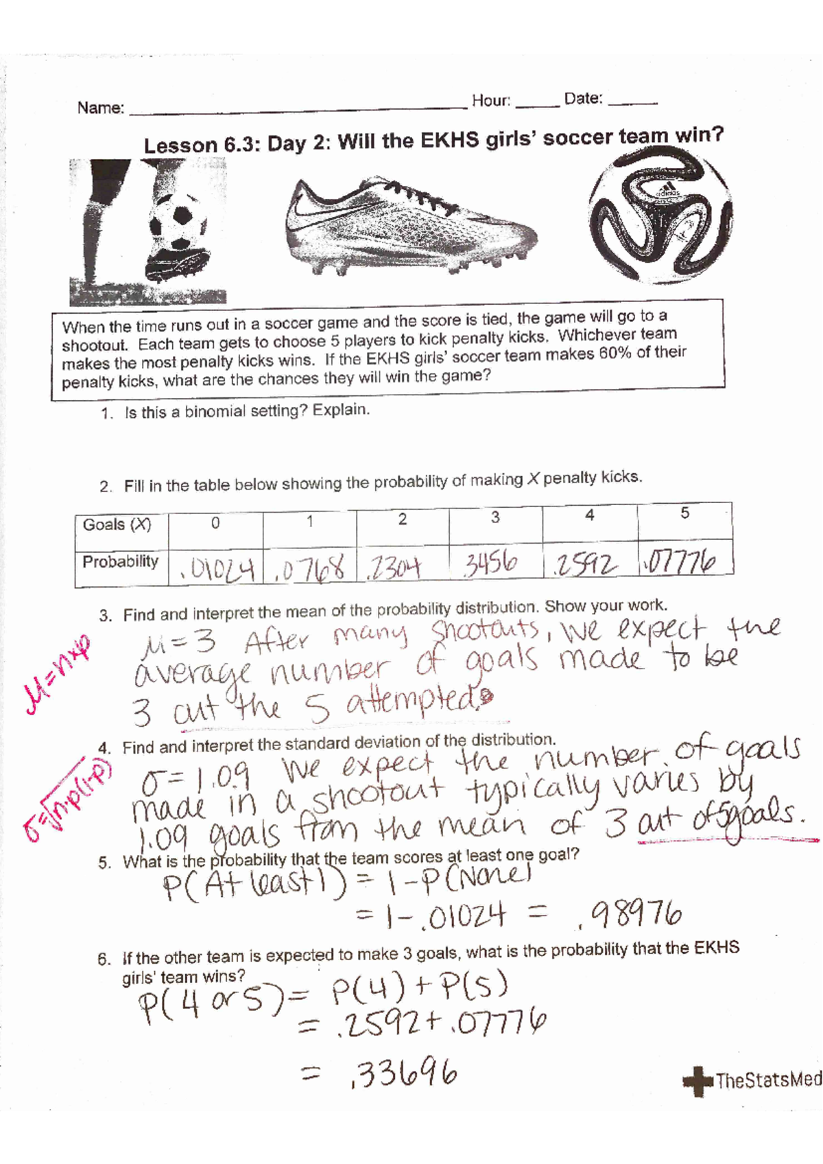 Stats Medic Ap Stats Lesson 6 3 Day 2 Archived Answer Key Name Hour Date Lesson 6