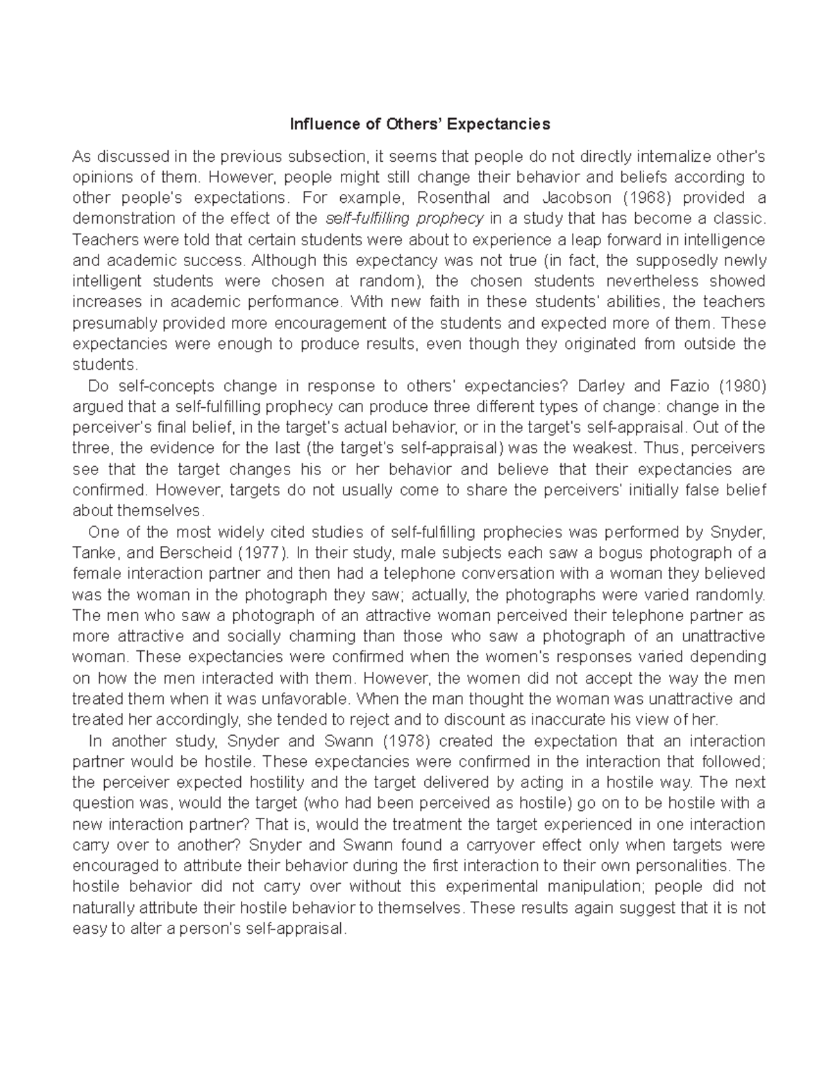 The Social Self - Influence of Others’ Expectancies As discussed in the ...