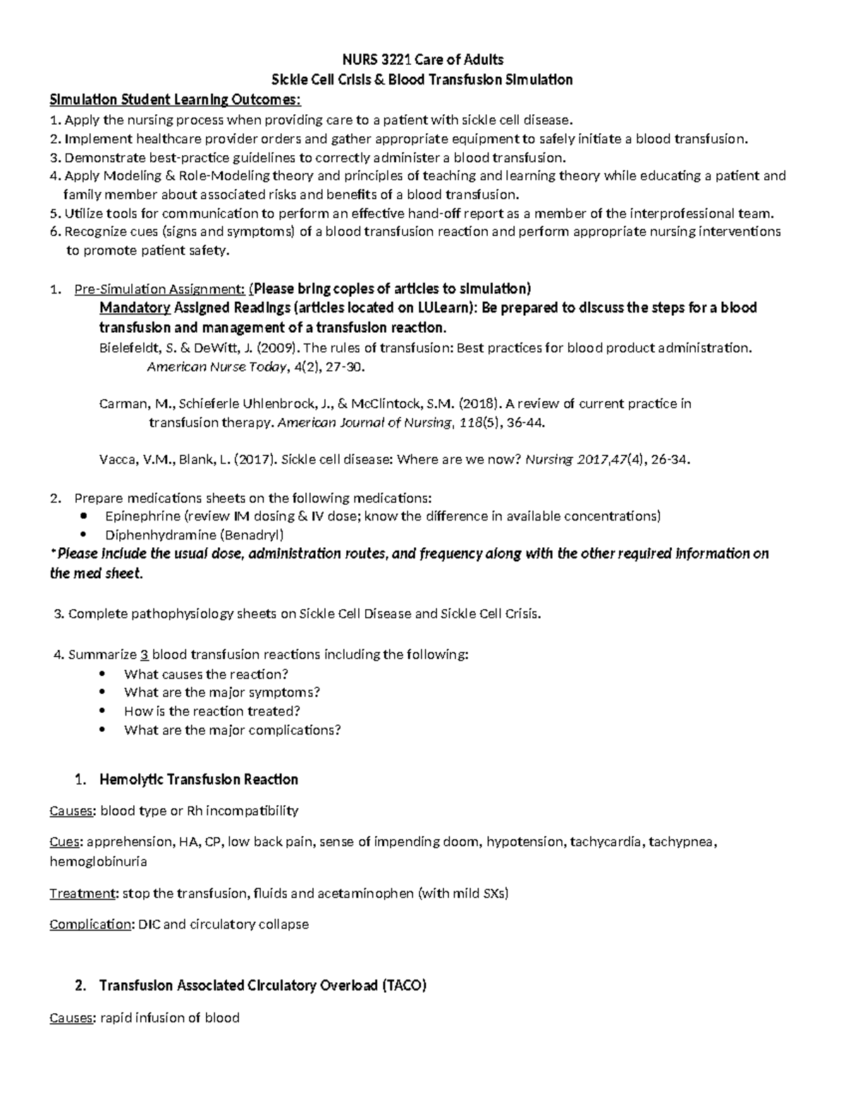 Blood Transfusion Pre-lab assignment - NURS 3221 Care of Adults Sickle ...