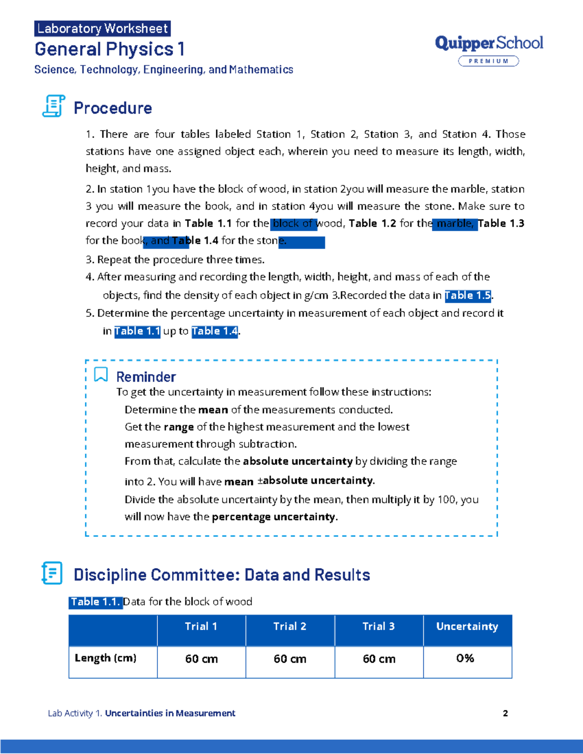 Lab Activity 1 Uncertainties in Measurement - General Physics 1 Science ...