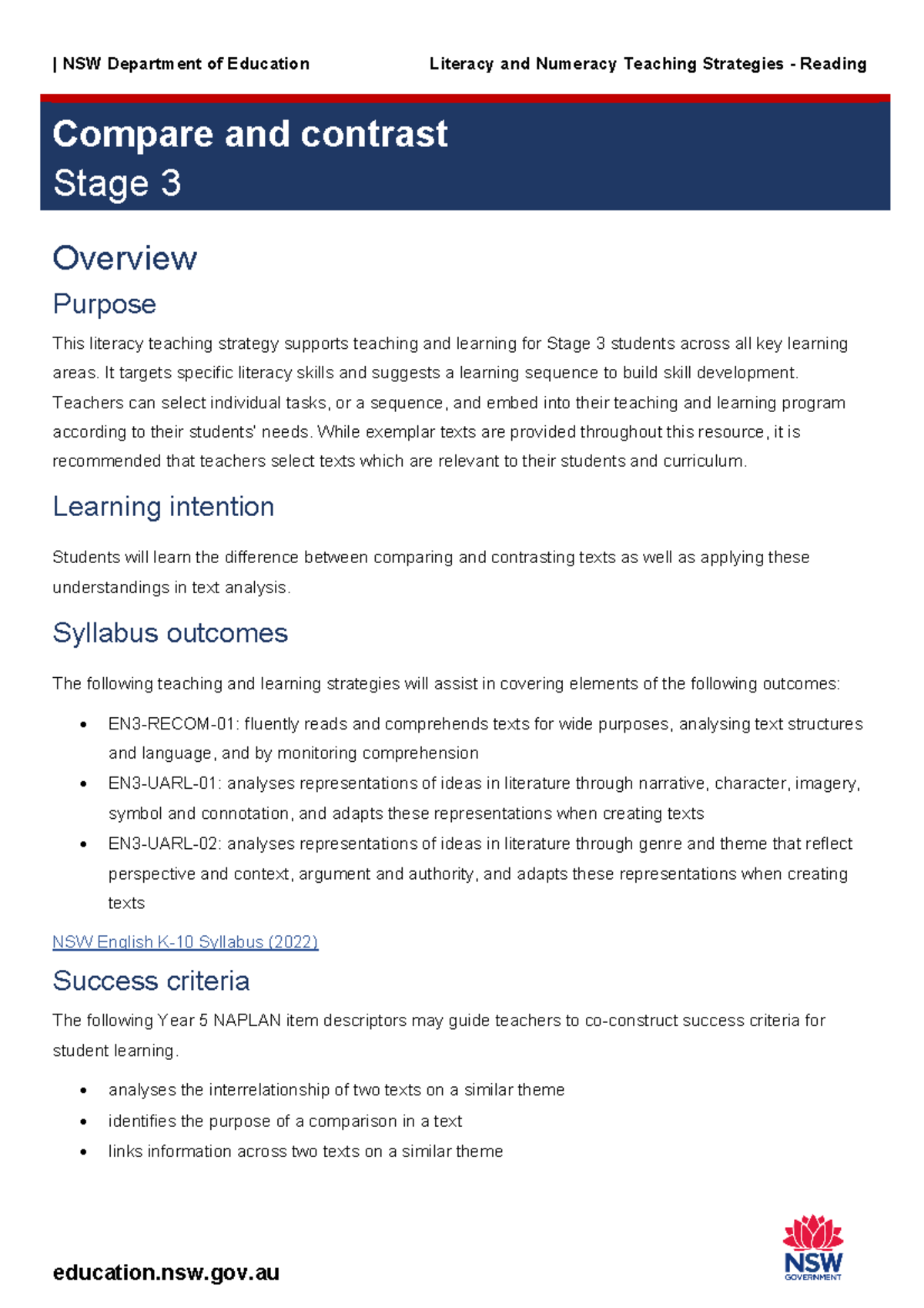 S3 reading compare and contrast - | NSW Department of Education ...
