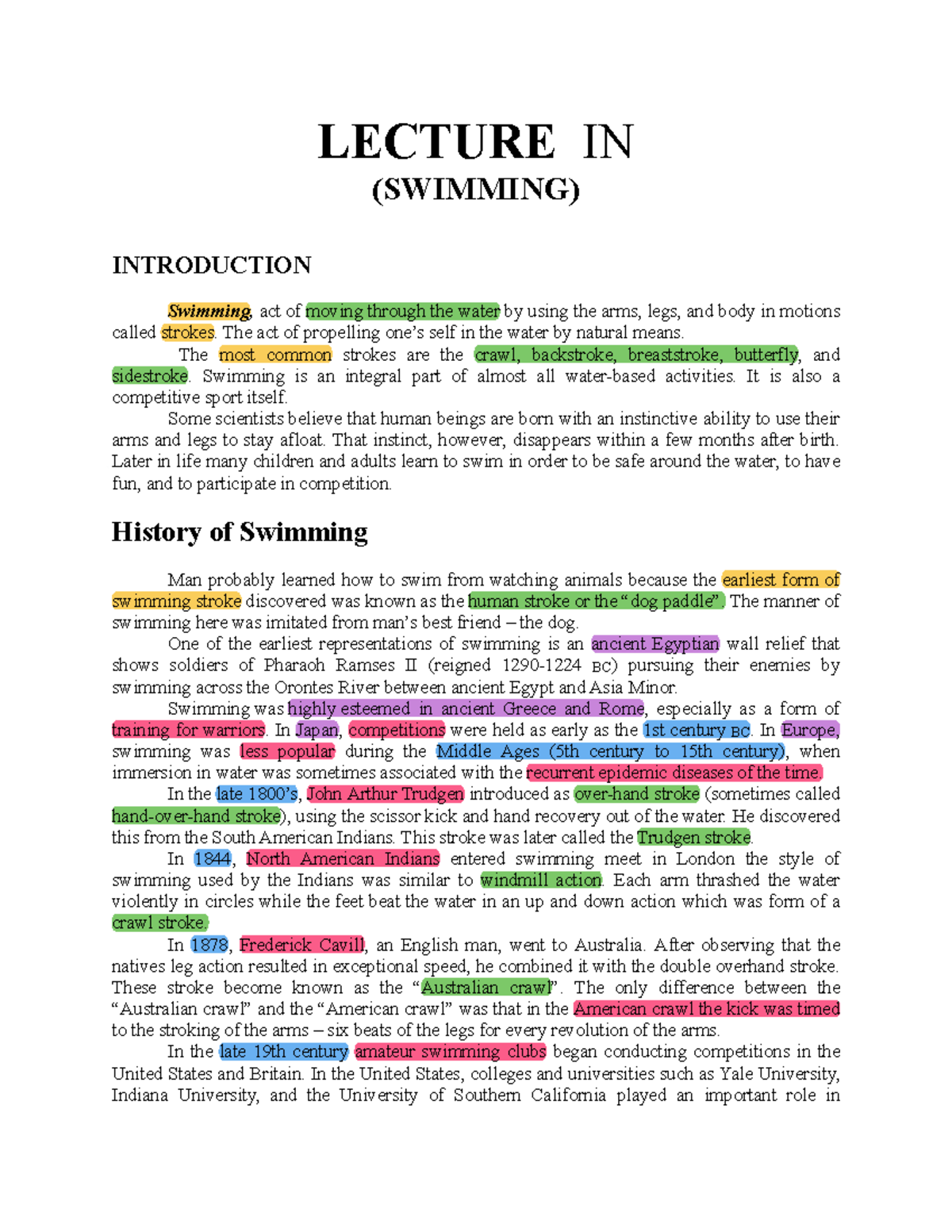 Lecture 1 Swimming - LECTURE IN (SWIMMING) INTRODUCTION Swimming, act ...