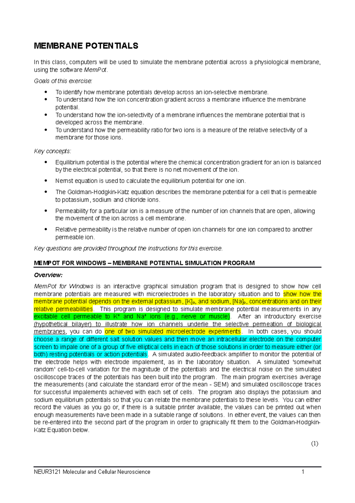 NEUR3121-Mem Pot - Membrane potential lab working out and explanations ...