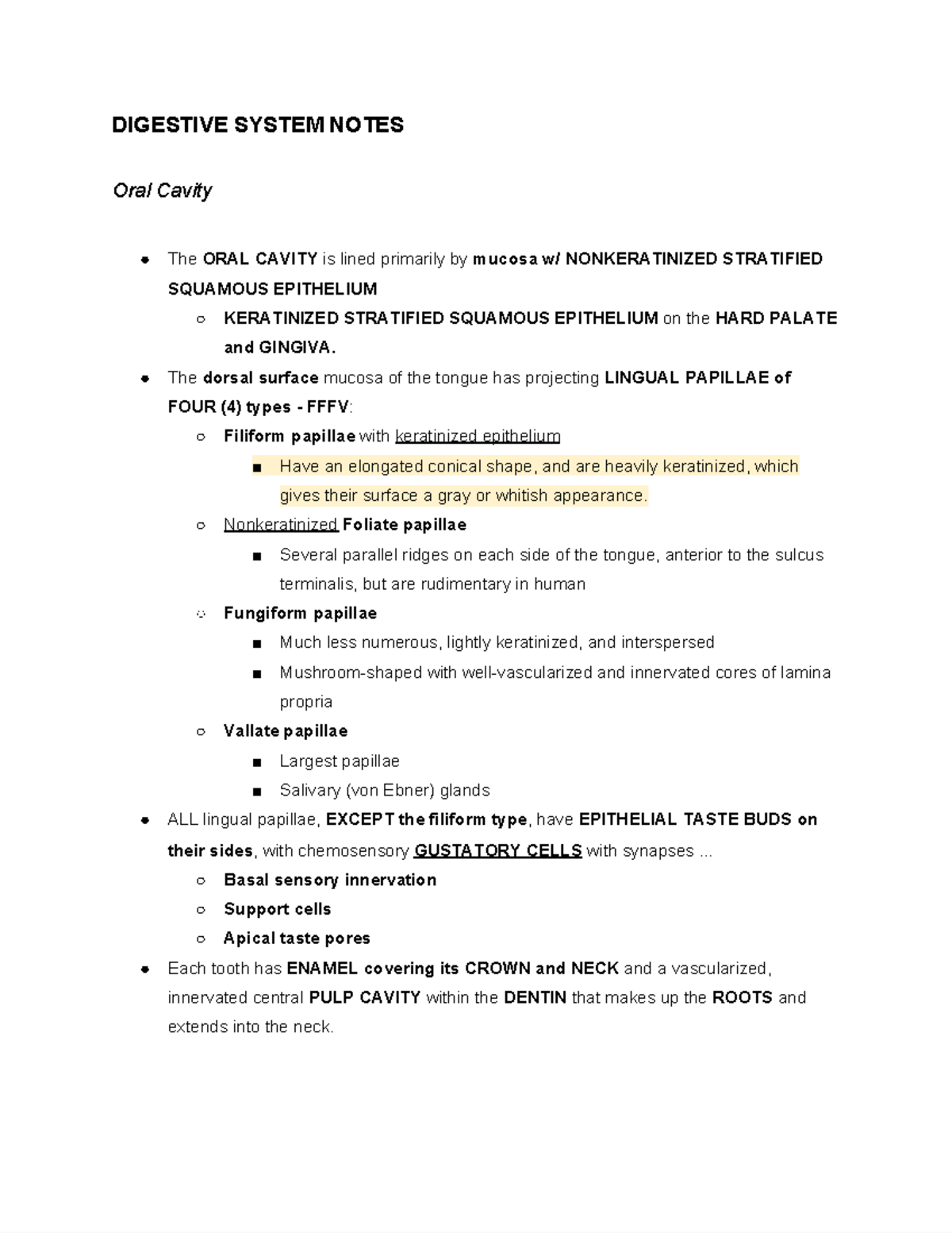 Digestive system summary mlv - DIGESTIVE SYSTEM NOTES Oral Cavity The ...