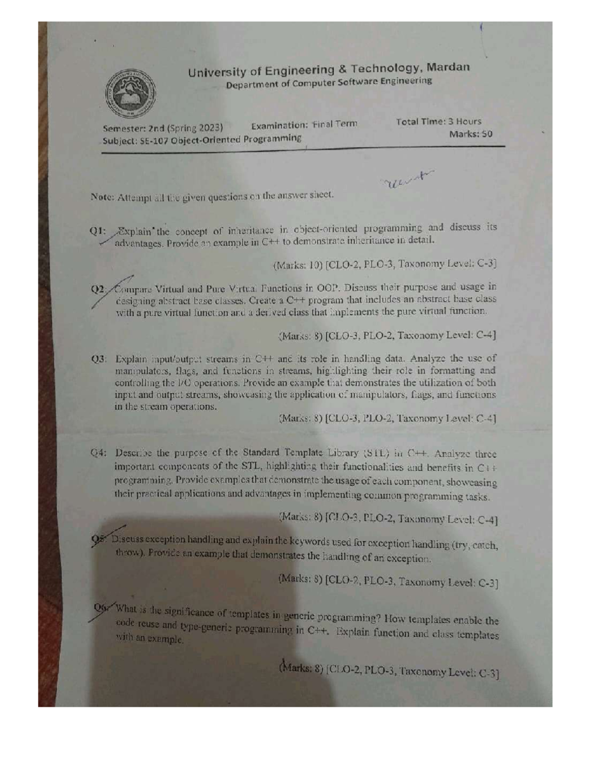 Oops paper - University of Engineering Technology, Mardan Department of ...