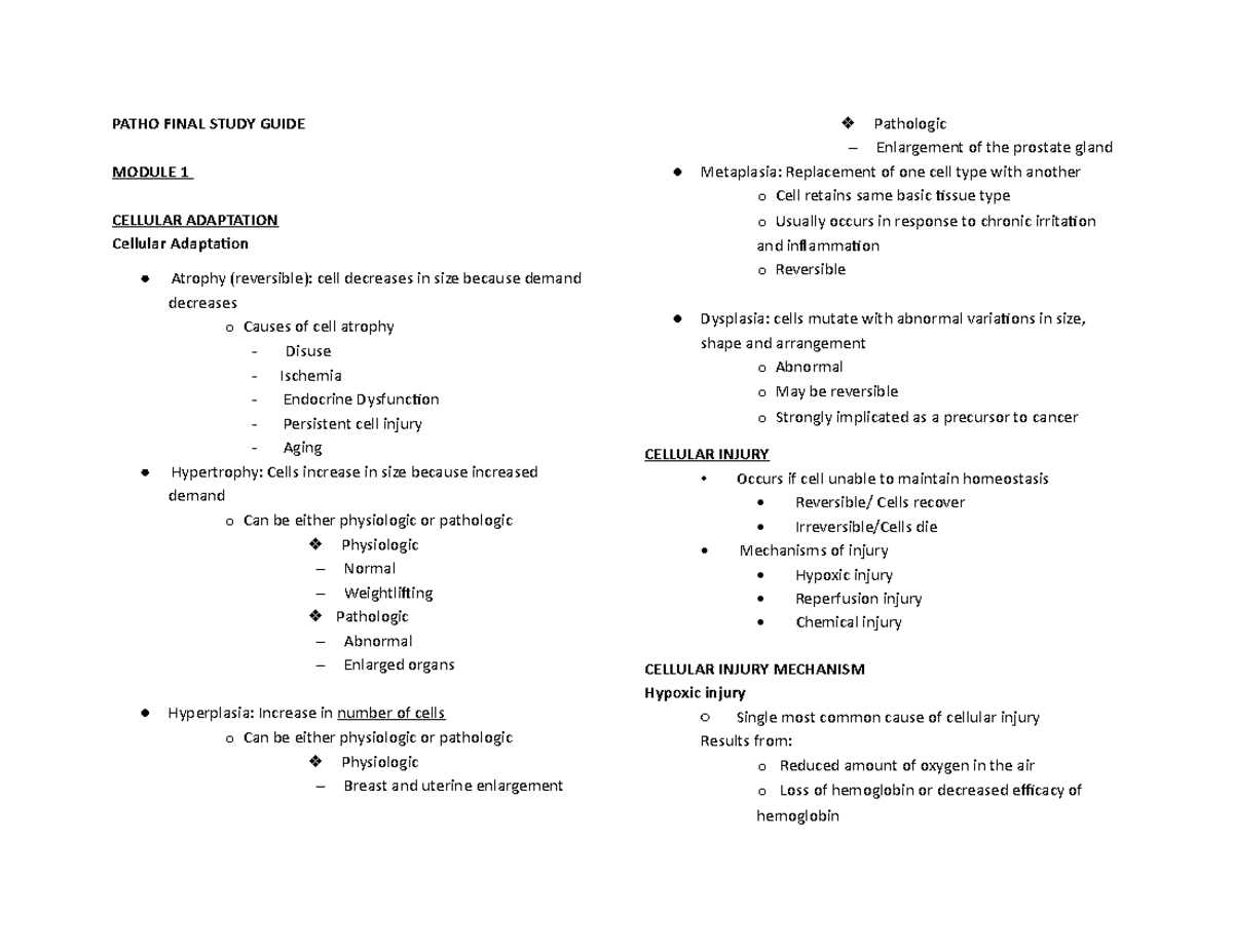 Patho Final Study Guide - PATHO FINAL STUDY GUIDE MODULE 1 CELLULAR ...