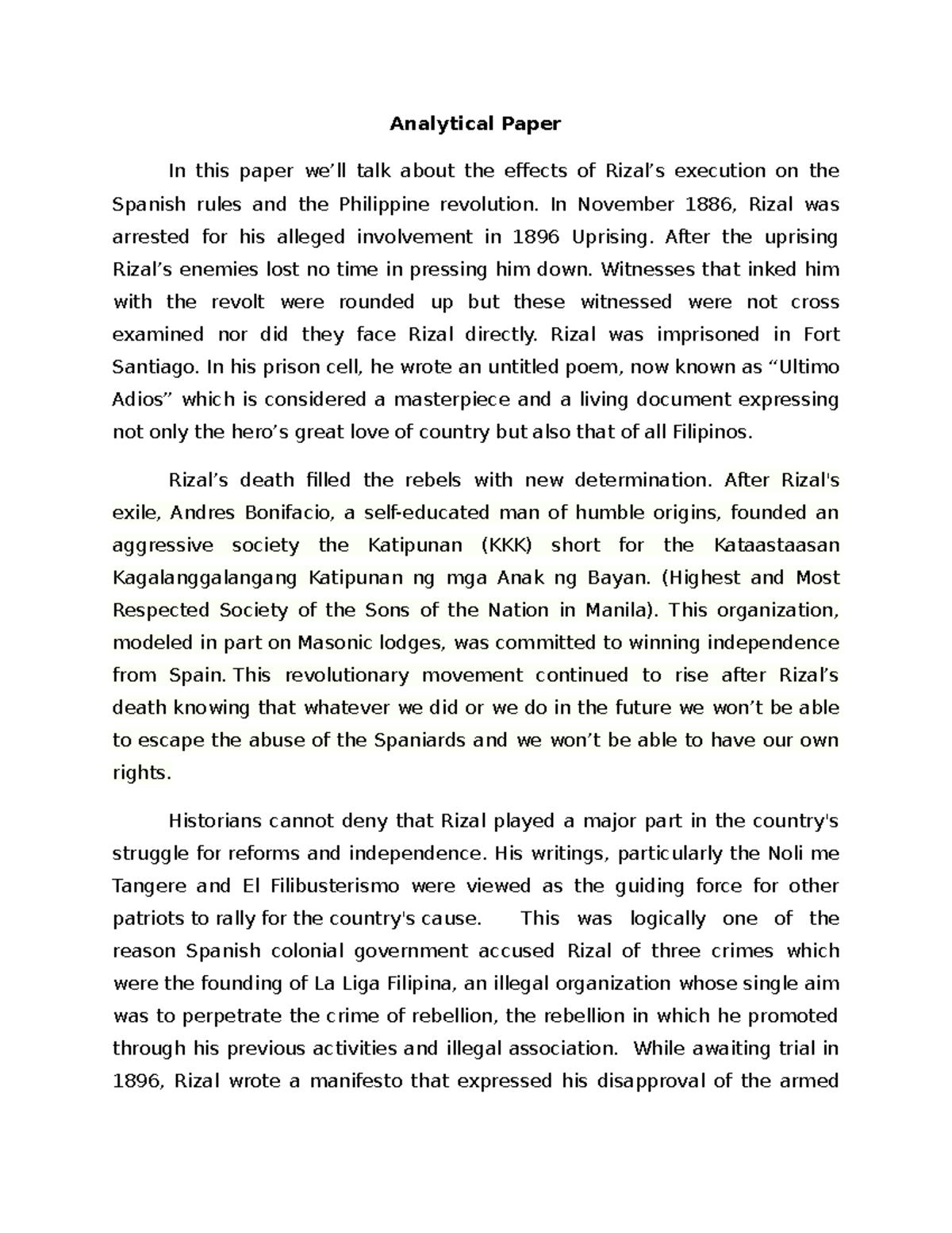 Rizal's execution summary - Analytical Paper In this paper we’ll talk ...