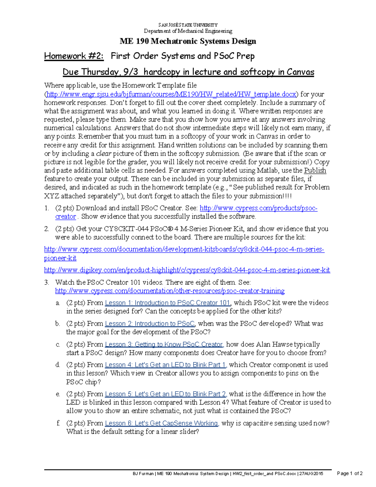 ME 190 Homework 2 - SANJOSÉSTATEUNIVERSITY Department of Mechanical ...