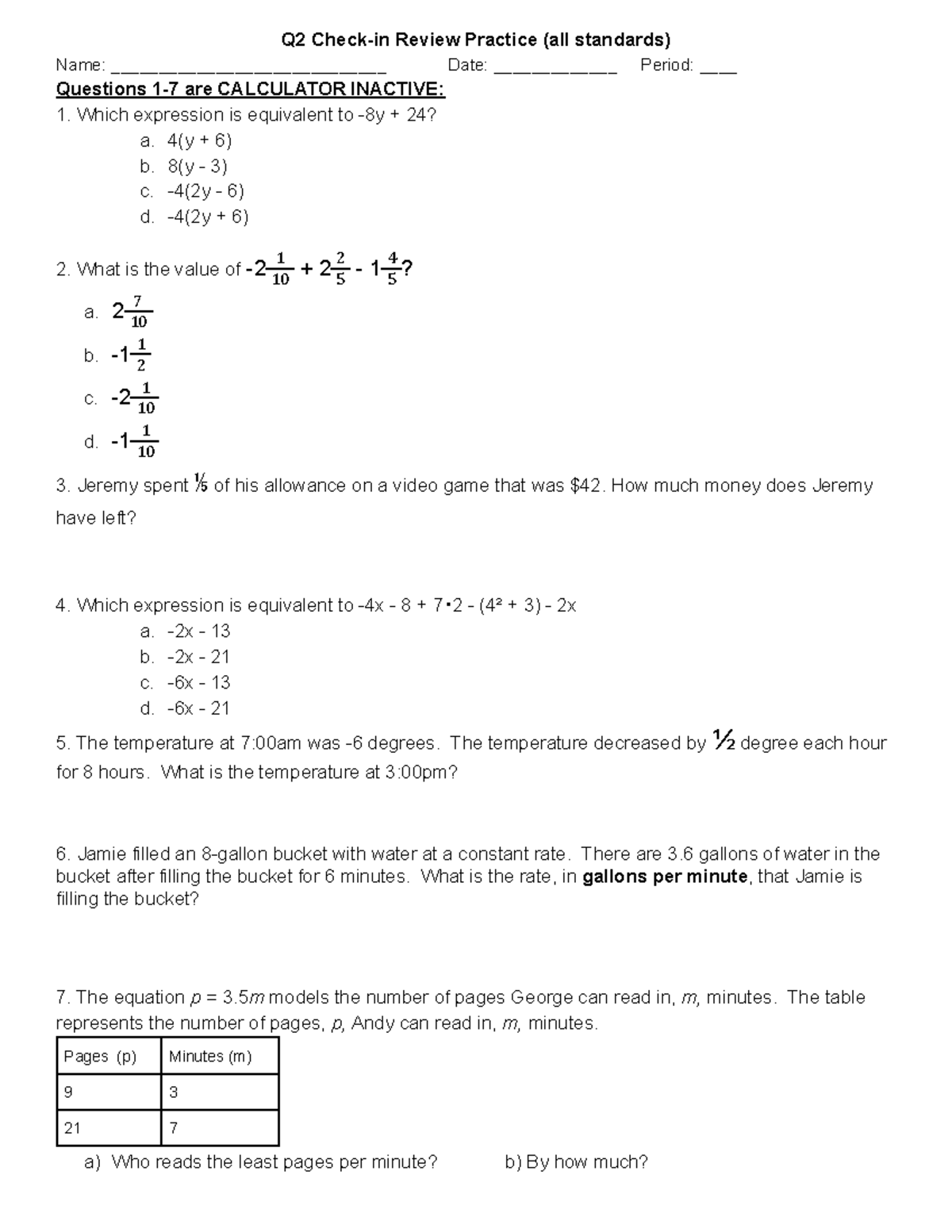 Q2 Check-in Review Practice ALL Standards - Q2 Check-in Review Practice ...
