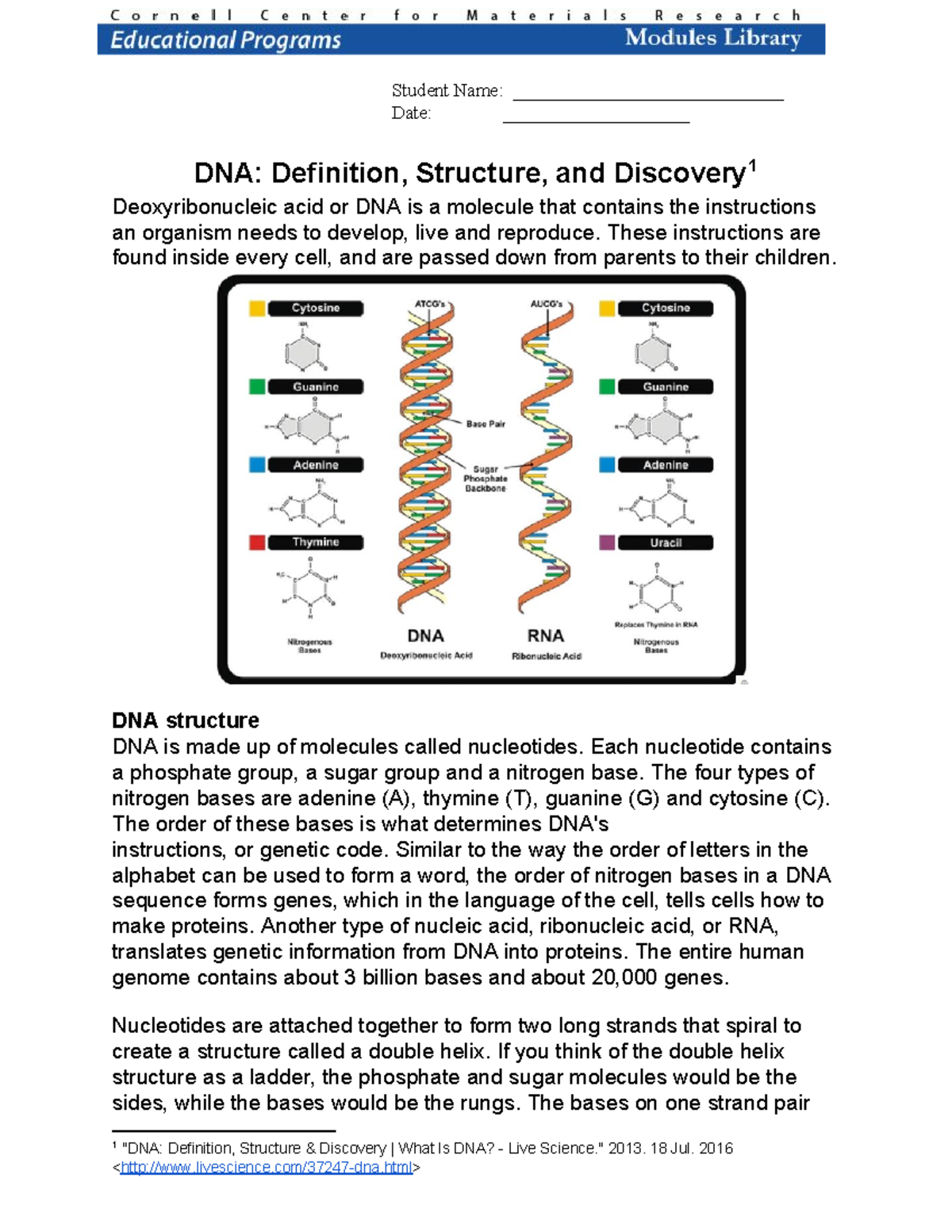 DNA Definition Structure and Discovery Reading Advanced - Student Name ...