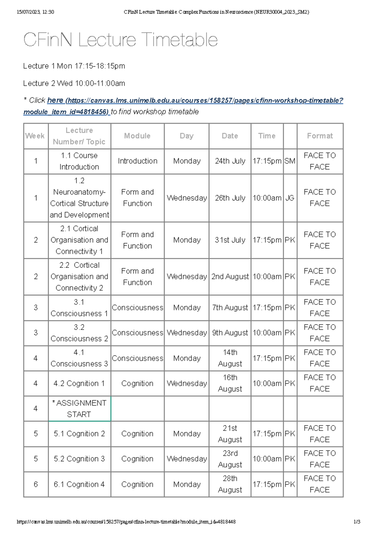 CFin N Lecture Timetable Complex Functions in Neuroscience (NEUR30004 ...