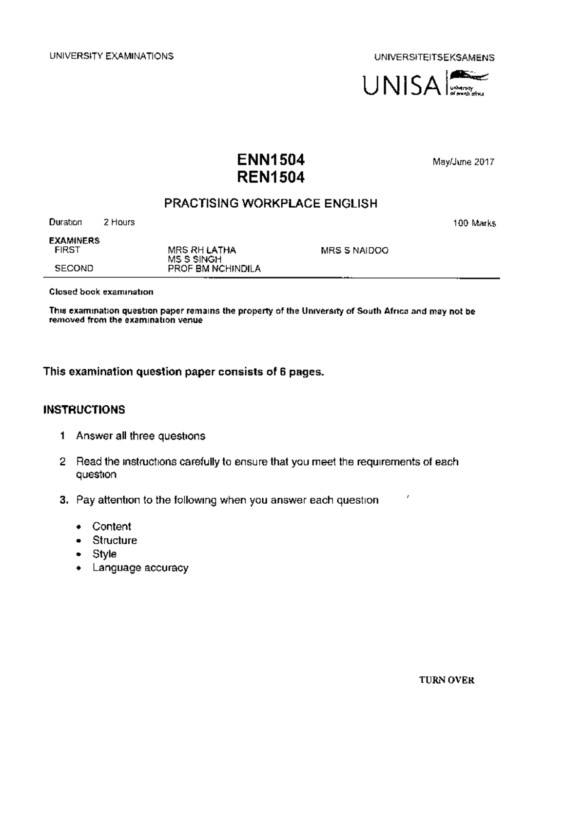 ENN1504-2017-6-E-1 - Past exam paper June 2017 - ENN1504 - Studocu