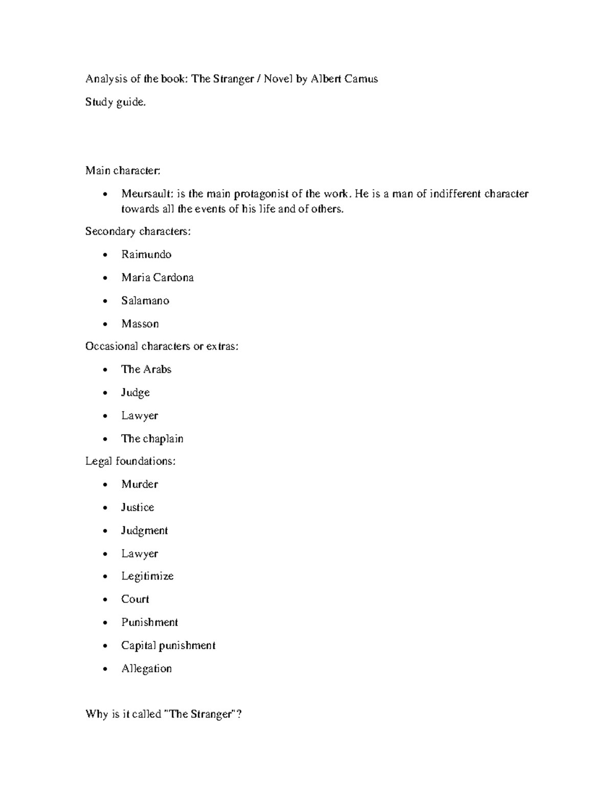 Analysis of the book The Stranger Novel by Albert Camus Study Guide ...