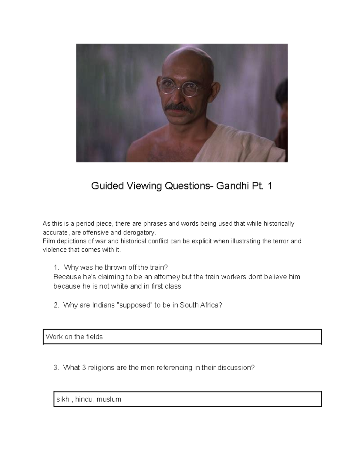 Gandhi Pt 1 guided viewing guide - Guided Viewing Questions- Gandhi Pt ...