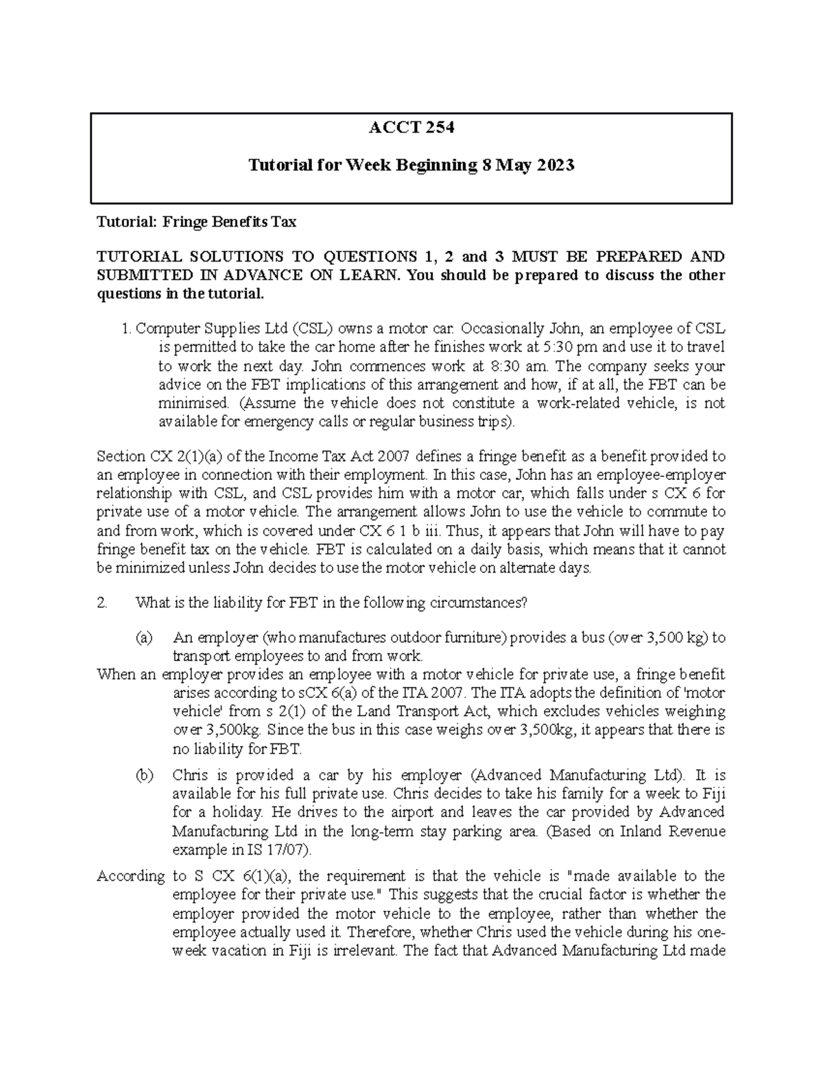 FBT week 8 - This is a compulsory tutorial submission regarding fringe benefit tax - ACCT 254 ...