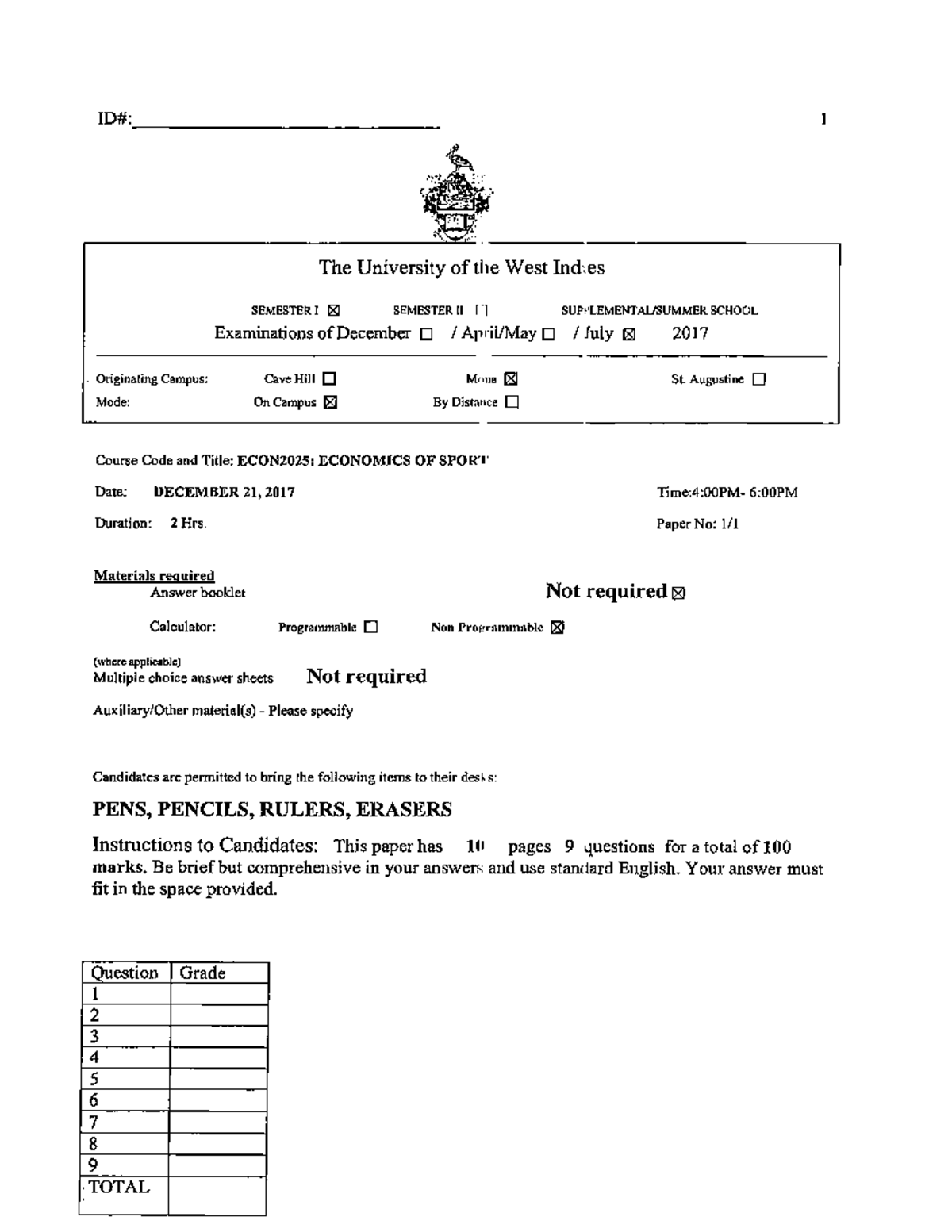 2017 Past Paper - The University of the West Indies SEMESTER I El ...