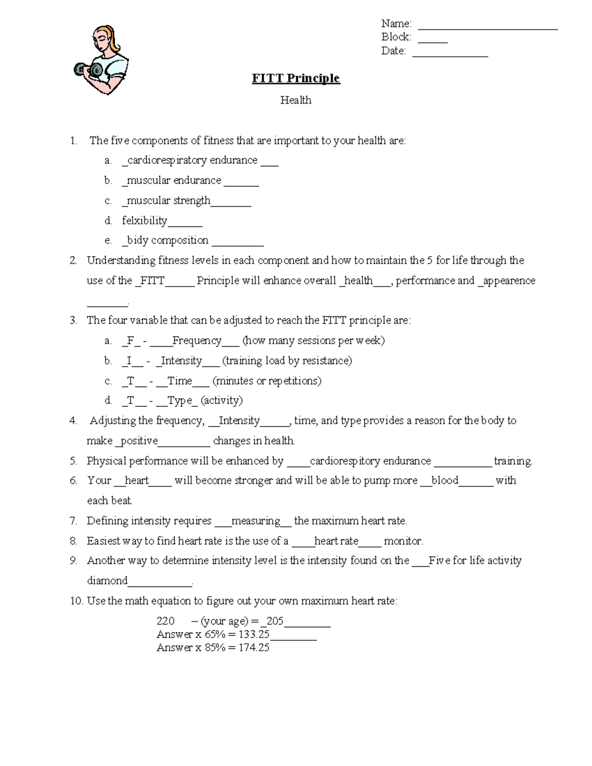 Fitt Principle Worksheet - FITT Principle Health 1. The five components ...
