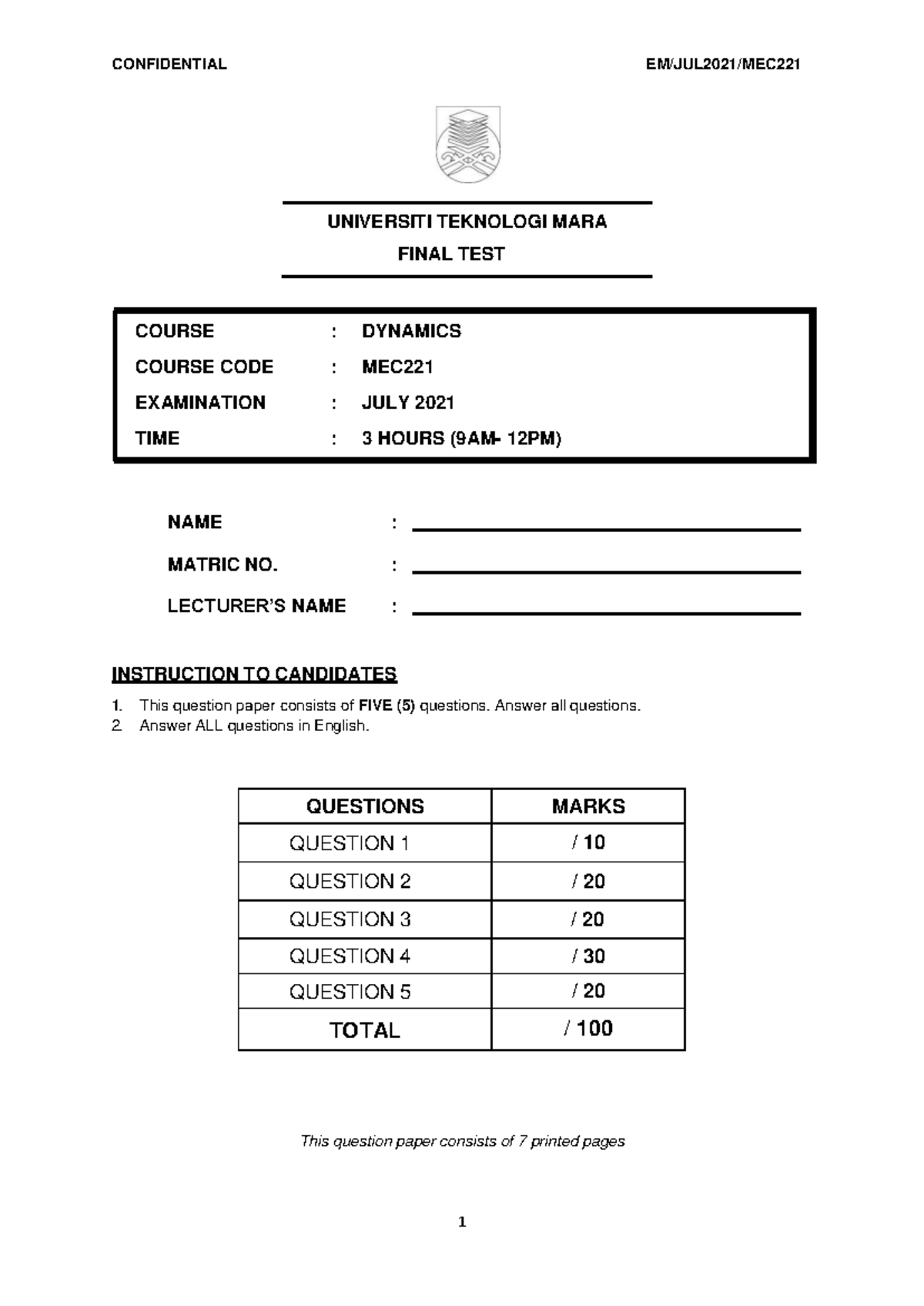JULY 2021 - past year question - UNIVERSITI TEKNOLOGI MARA FINAL TEST ...