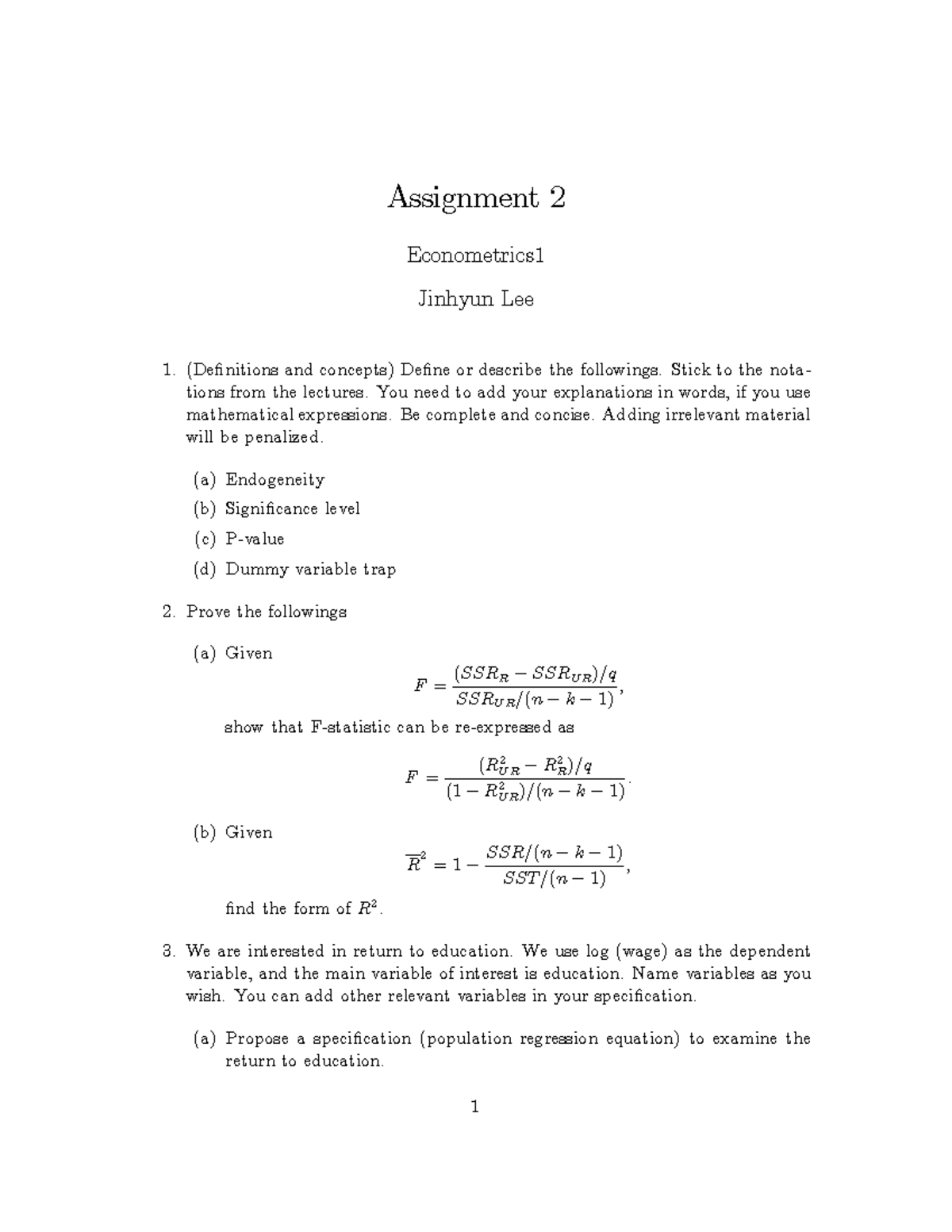 Assignment 2 Regression Dummy Variables Assignment 2 Econometrics Jinhyun Lee DeÖnitions 