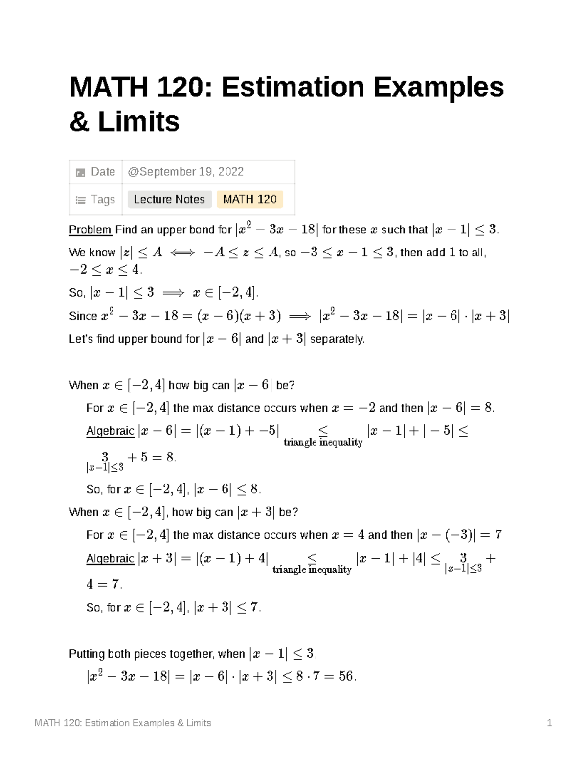 MATH 120 Estimation Examples Limits - MATH 120: Estimation Examples ...