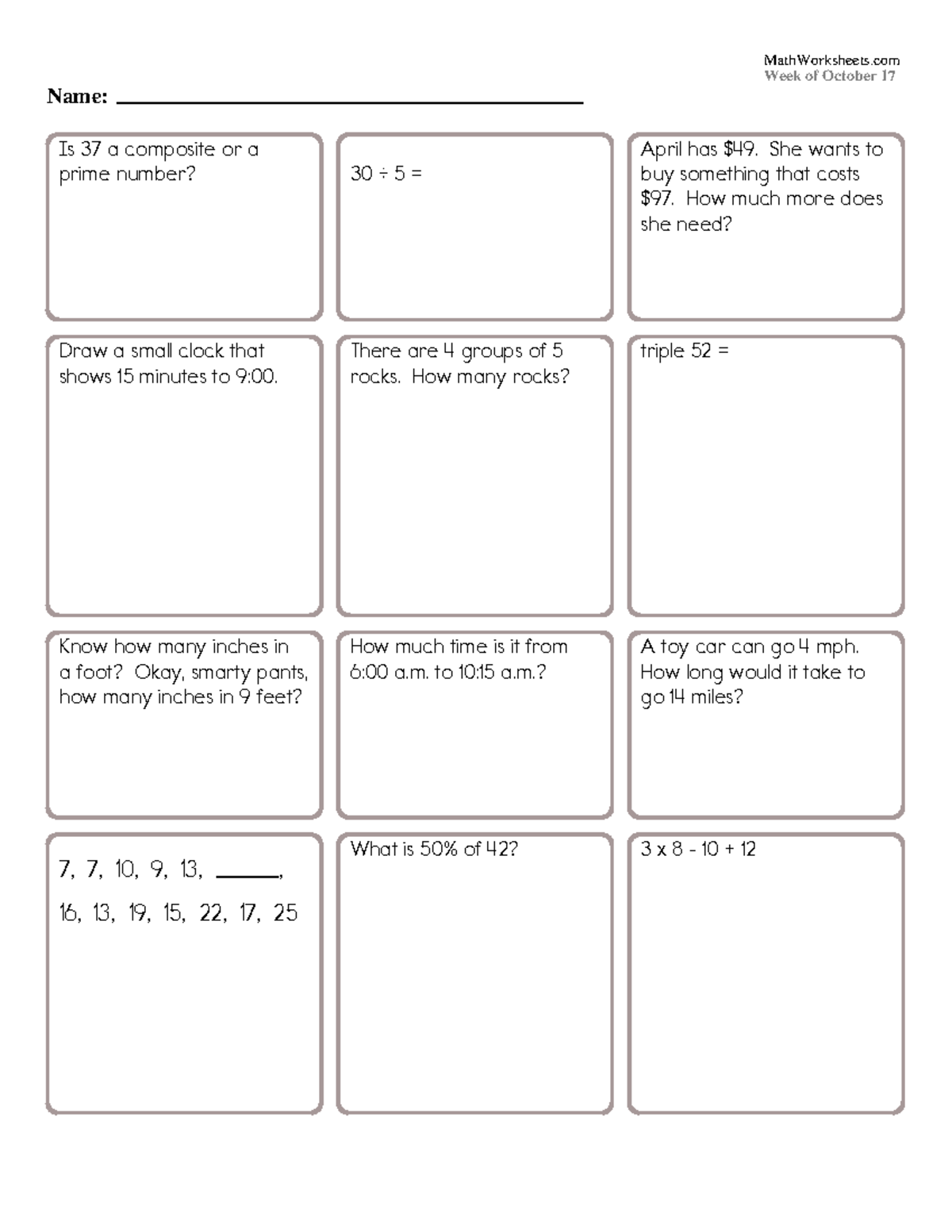 Math Worksheets Grade 5 10 17 - Name: Week of October 17 ,V D FRPSRVLWH ...