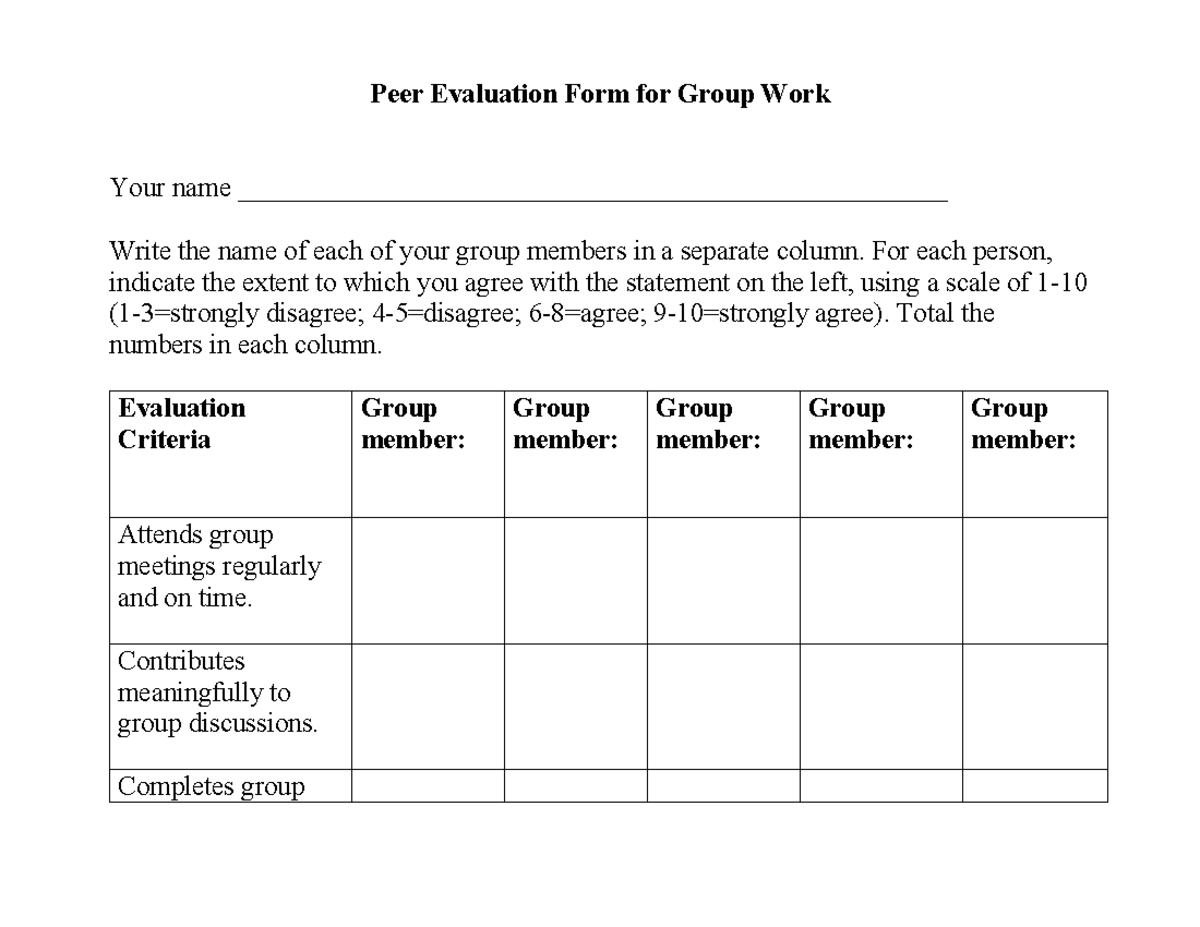 Peer Evaluation Form for Group Work - For each person, indicate the ...
