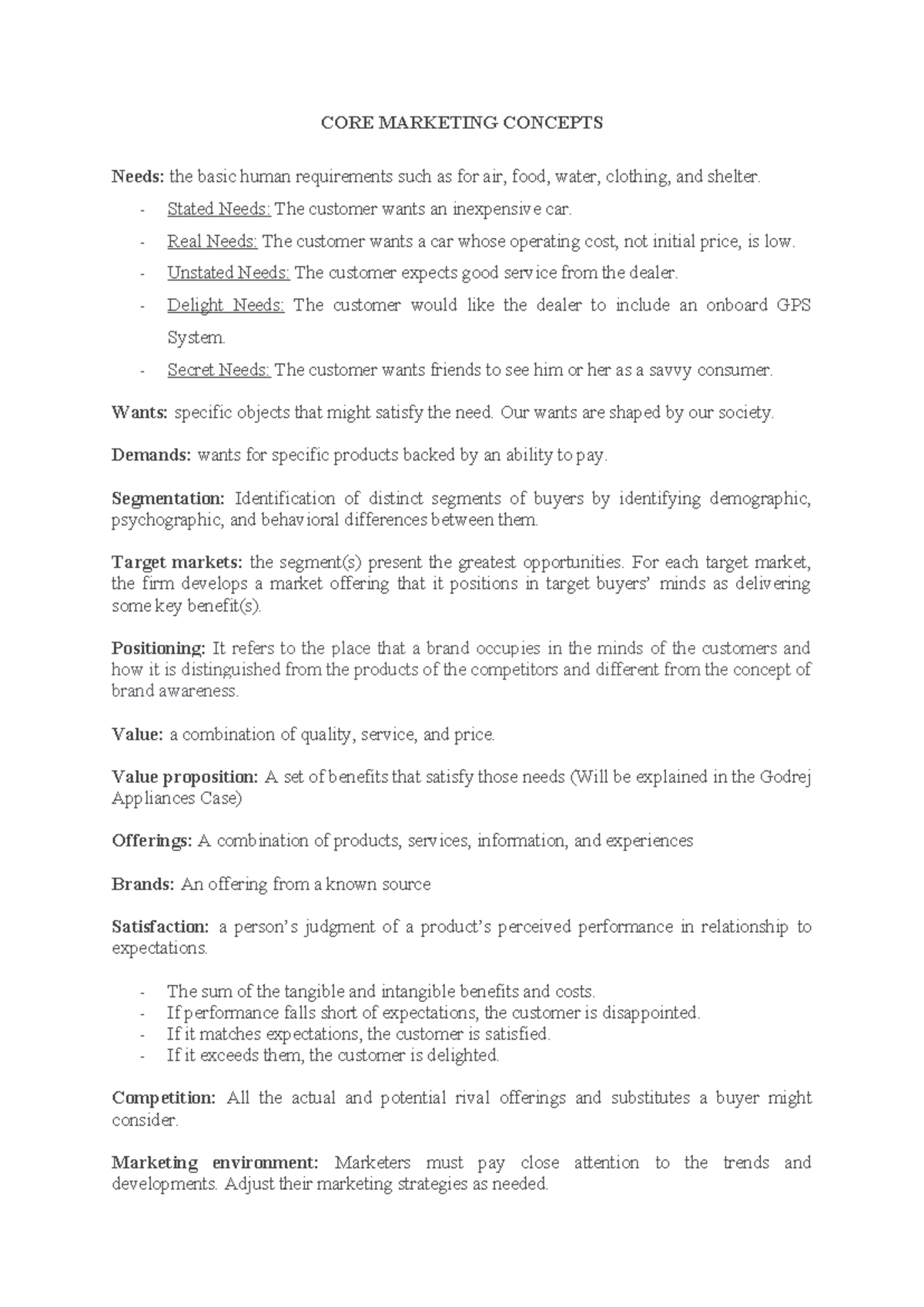3. Core Marketing Concepts - CORE MARKETING CONCEPTS Needs: the basic ...