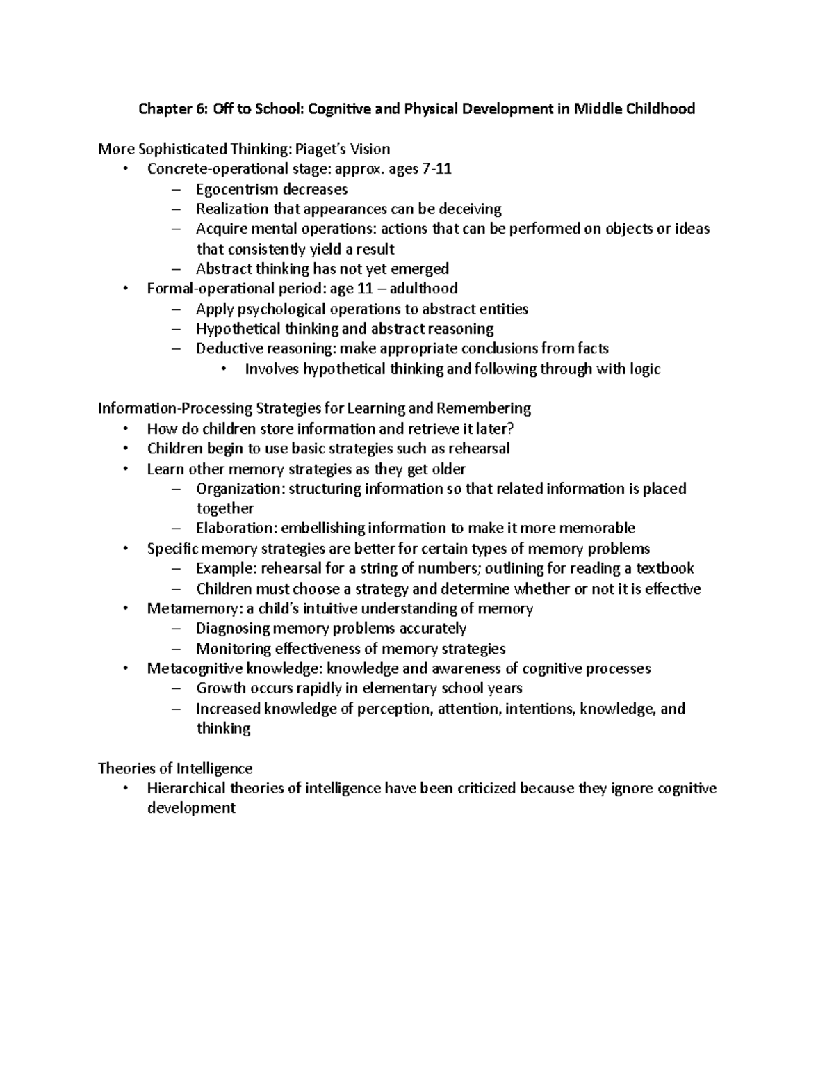 Chapter 6 Notes - Cognitive and physical development in middle ...