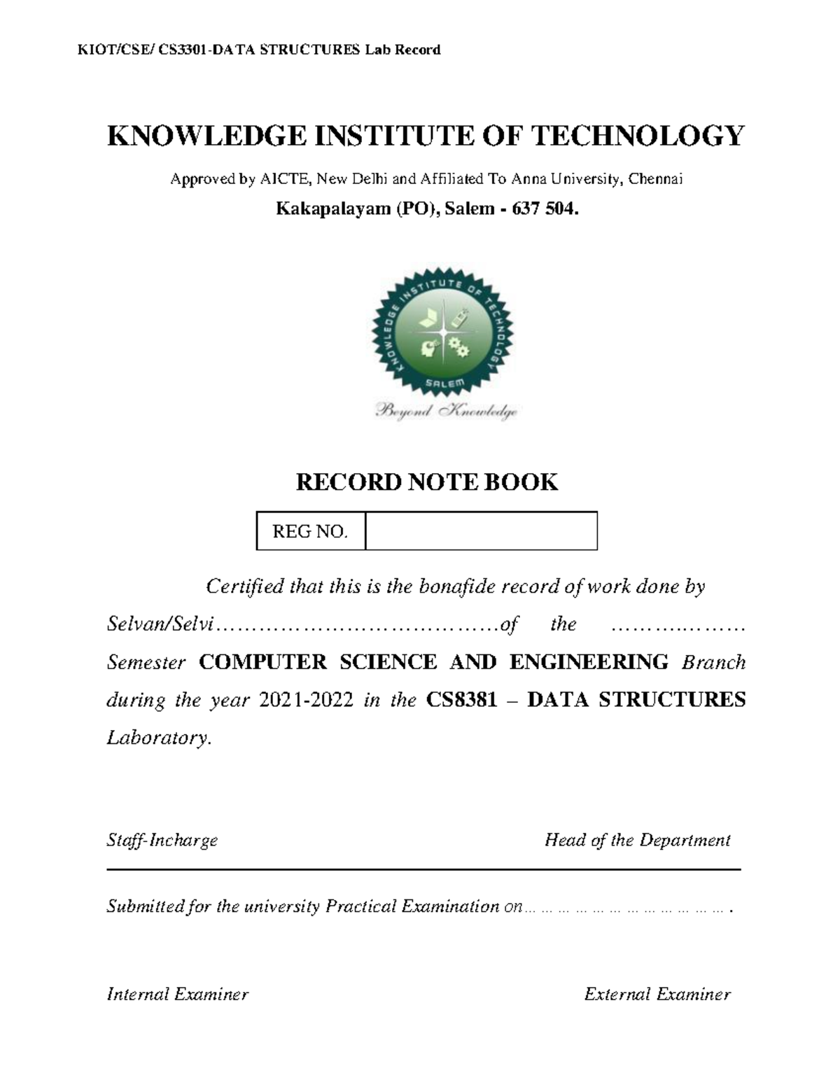 Cs3301 Data Structure Lab Manual Kiot Knowledge Institute Of Technology Approved By Aicte