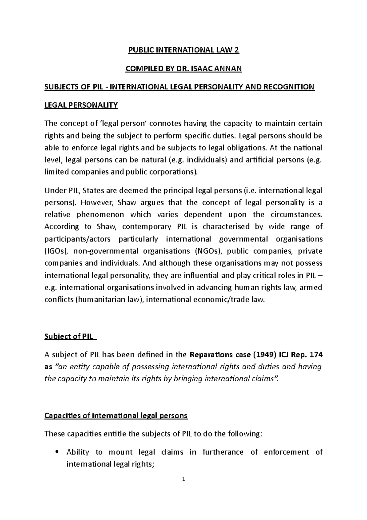 Public International LAW - Recognition, International Organisations AND ...