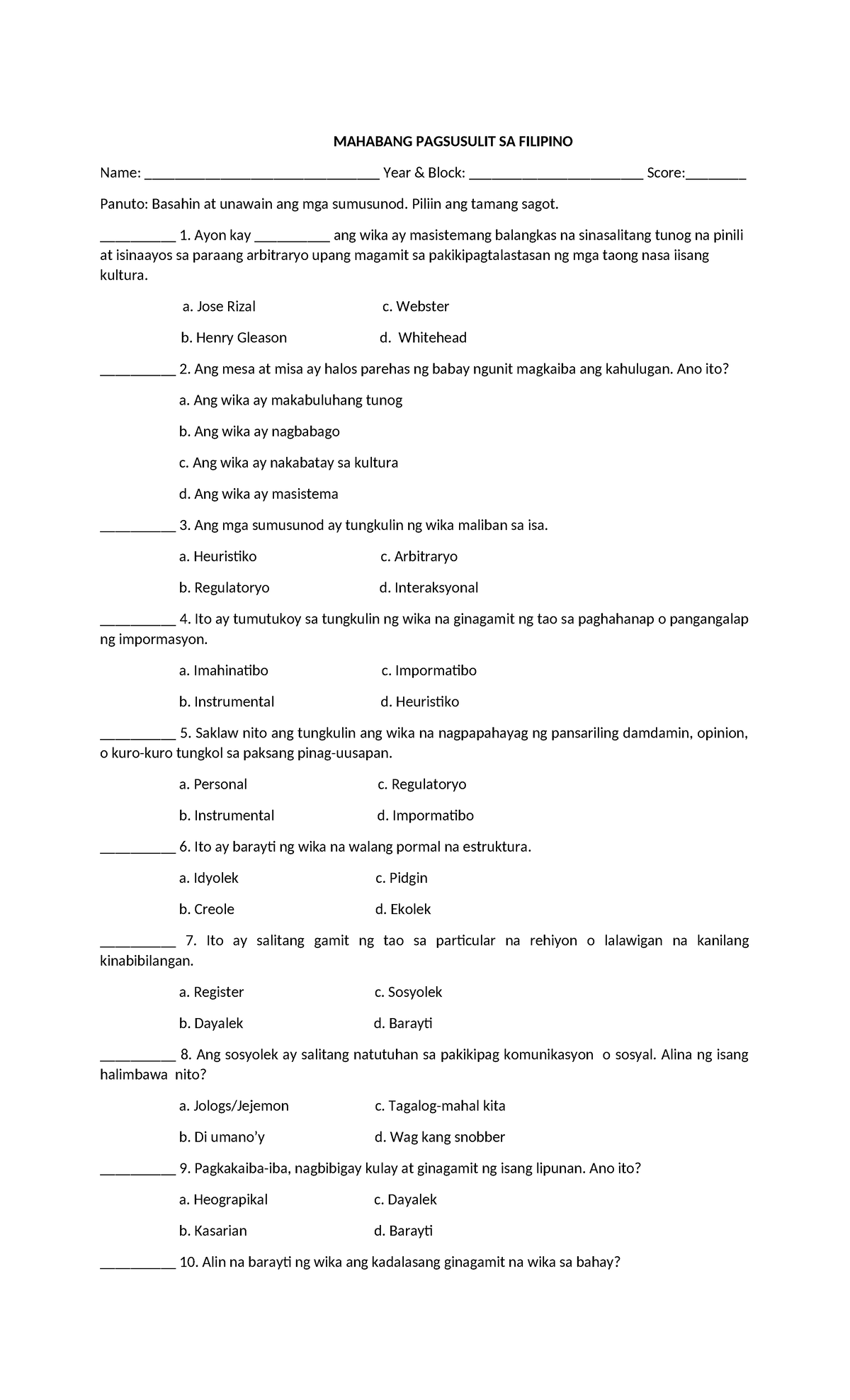 Mahabang- Pagsusulit-SA- Filipino II - MAHABANG PAGSUSULIT SA FILIPINO ...