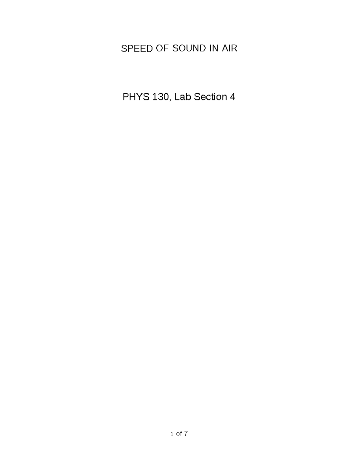 Speed of Sound in Air - 1 of 7 SPEED OF SOUND IN AIR PHYS 130, Lab ...