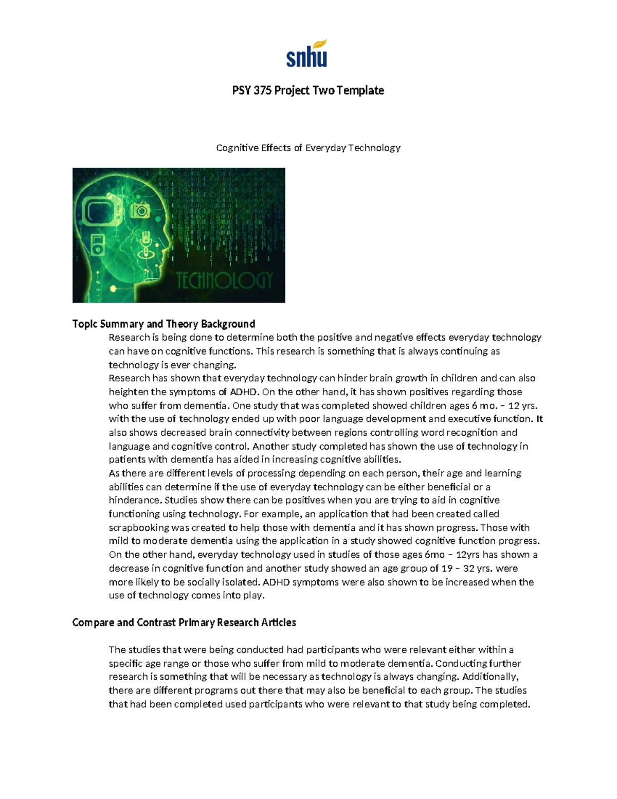 PSY 375 Project Two - PSY 375 Project Two Template Cognitive Effects of ...