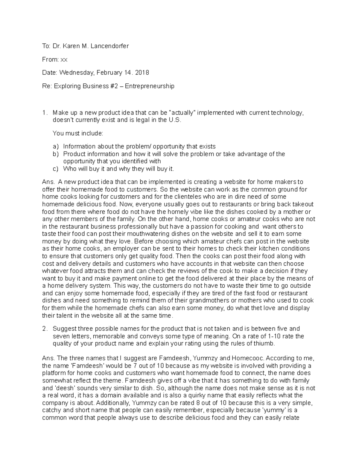 Business homework : Exploring Business #2 – Entrepreneurship - To: Dr ...